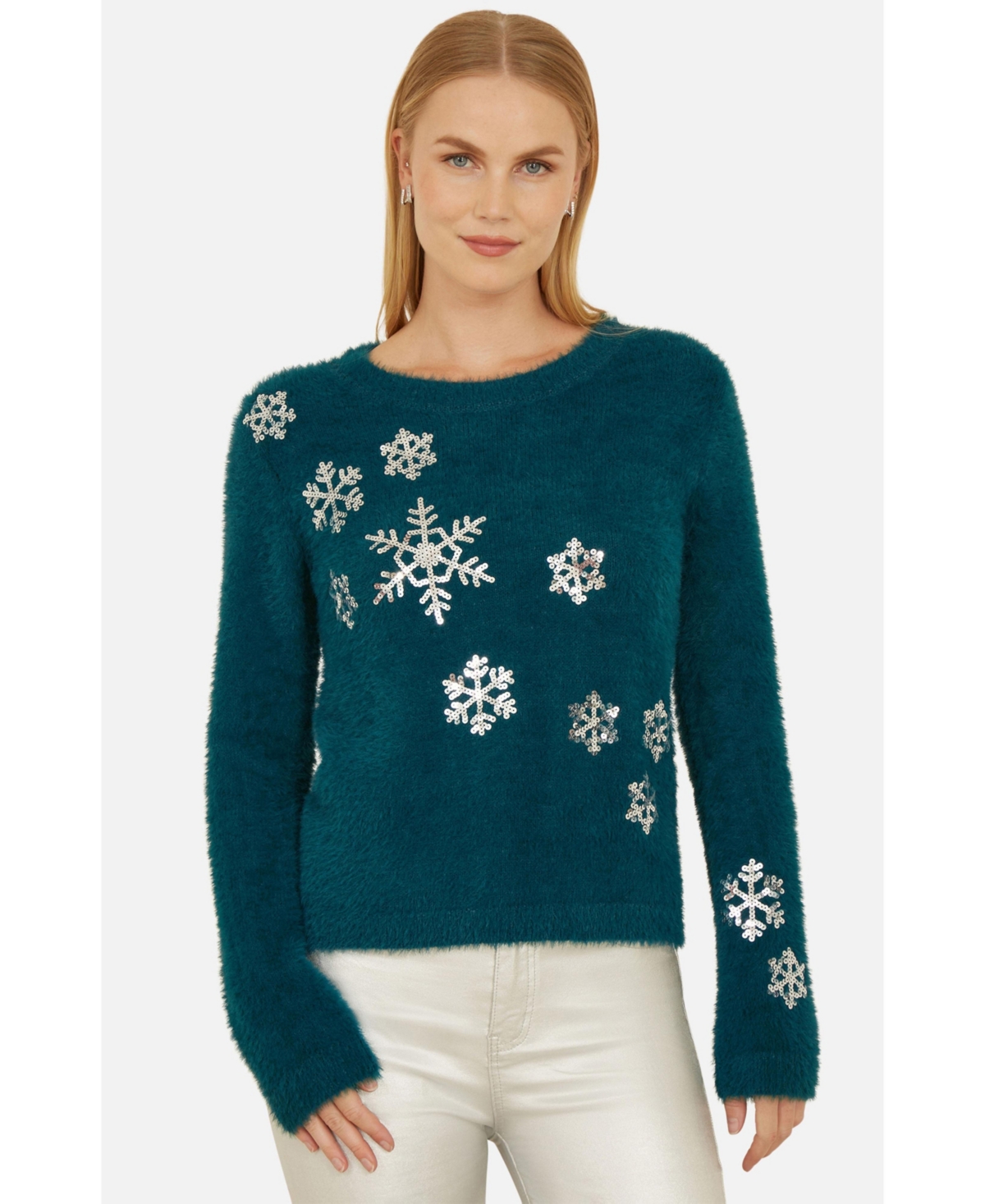Click here for Yumi Womens Sequin Snowflake Fluffy Sweater - Teal prices