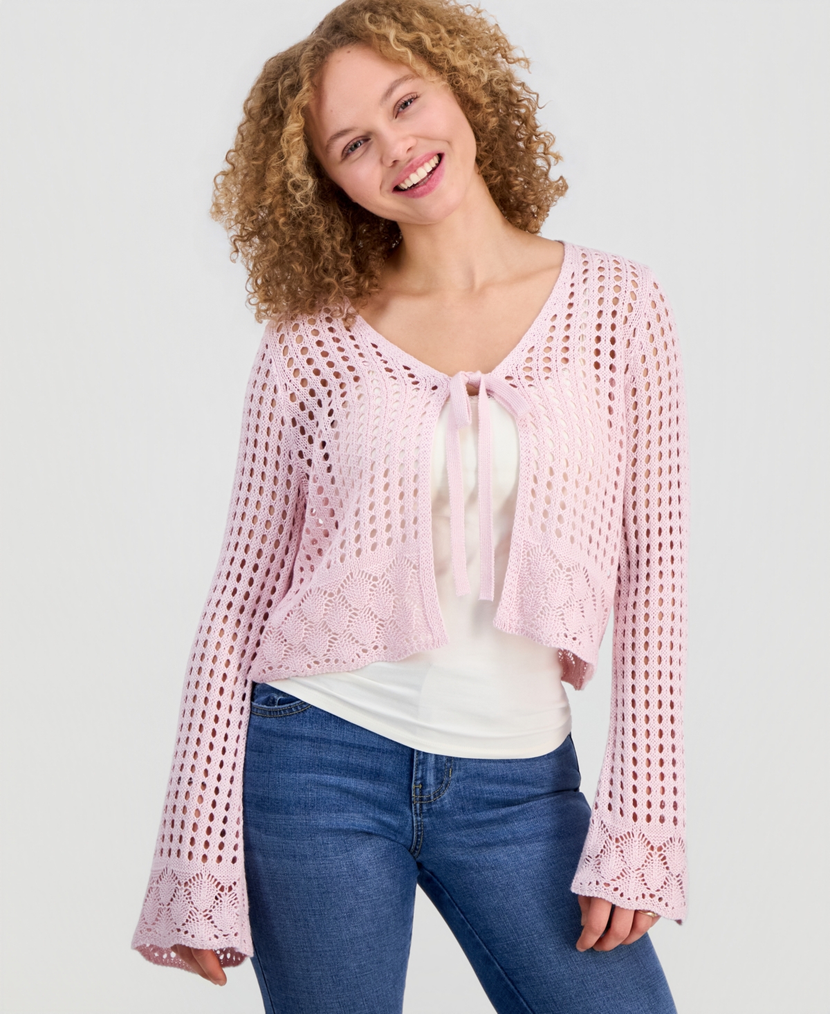 Click here for Hooked Up by Iot Juniors Tie-Front Open-Knit Cardi... prices