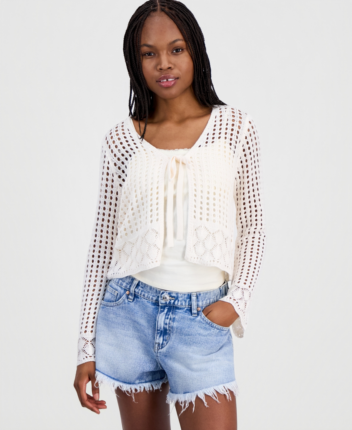 Click here for Hooked Up by Iot Juniors Tie-Front Open-Knit Cardi... prices