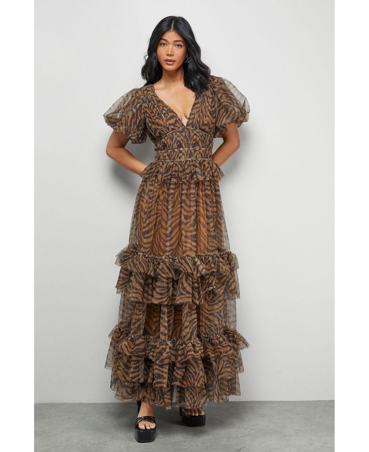 Click here for Warehouse Womens Zebra Print Tulle Ruffle Maxi Dre... prices