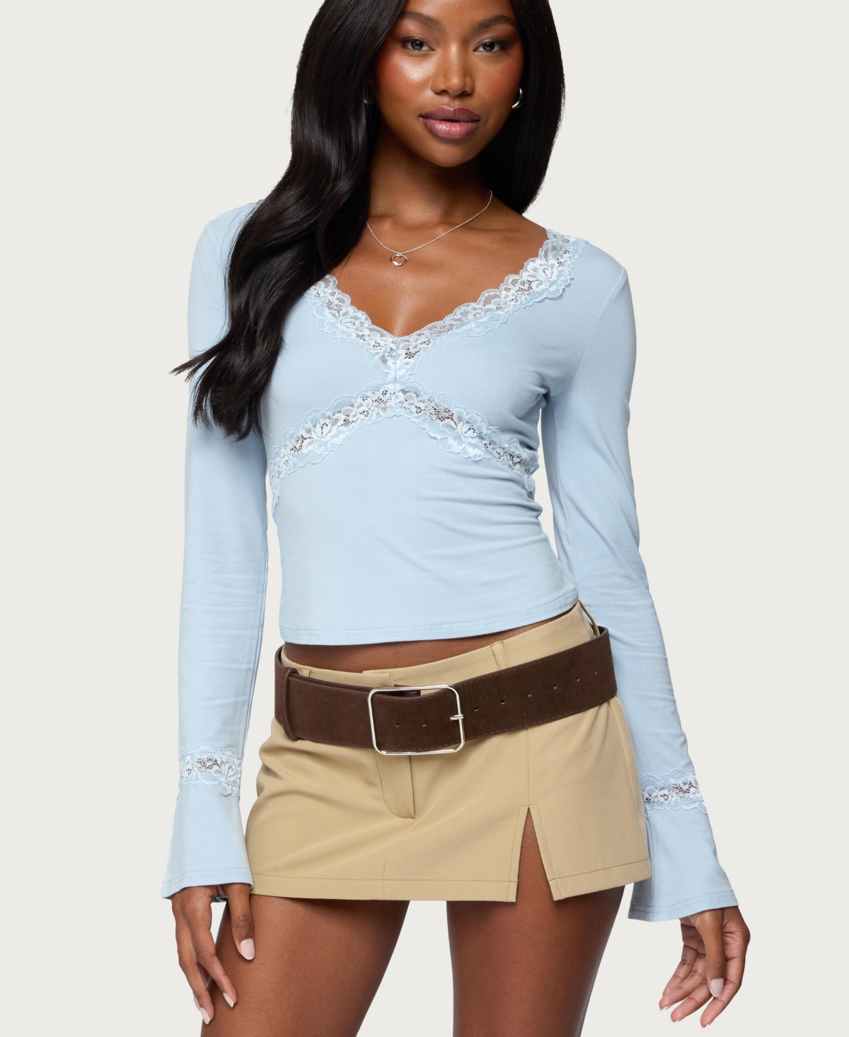 Click here for Edikted Womens Mathilda Lacey Bell Sleeve Top - Li... prices