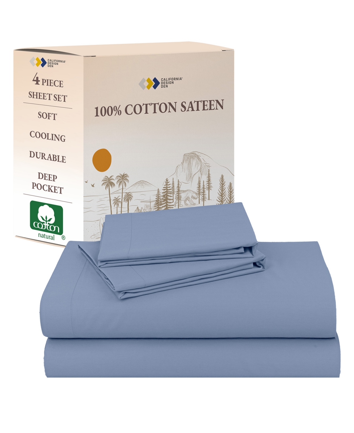 Soft 100 Cotton Sheets Set - Cooling Durable Sateen  Deep Pocket - King - Blue hydrangea