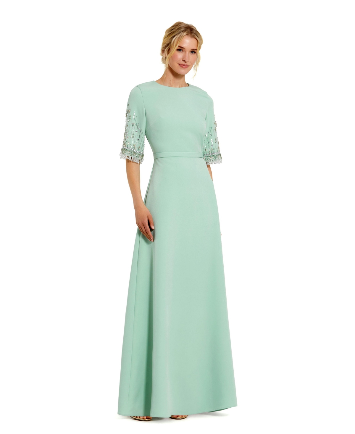 Mac Duggal Womens Beaded 3/4 Sleeves Crepe A Line Gown - Sage