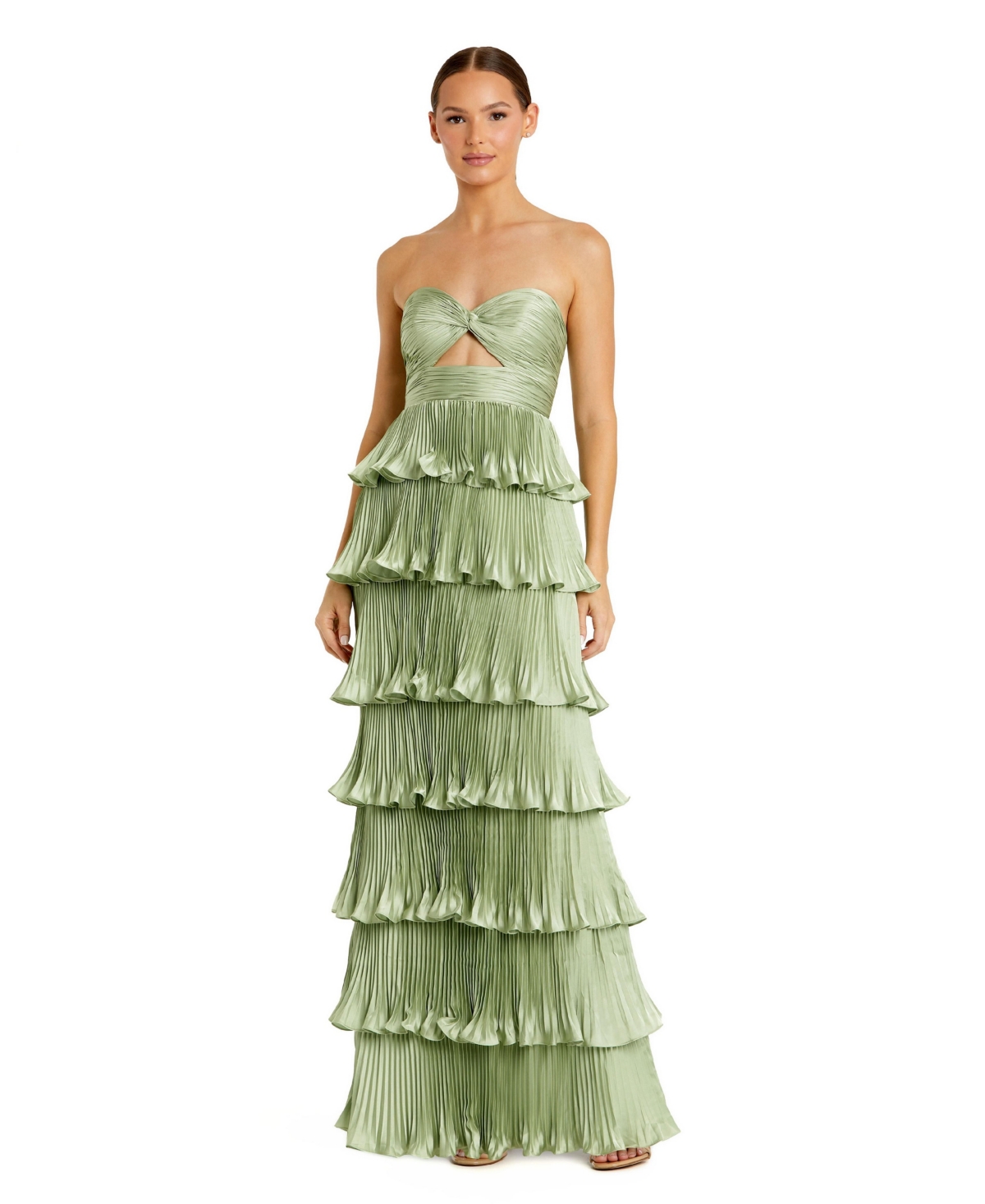 Mac Duggal Womens Pleated Charmeuse Strapless Tiered Ruffle Gown - Sage