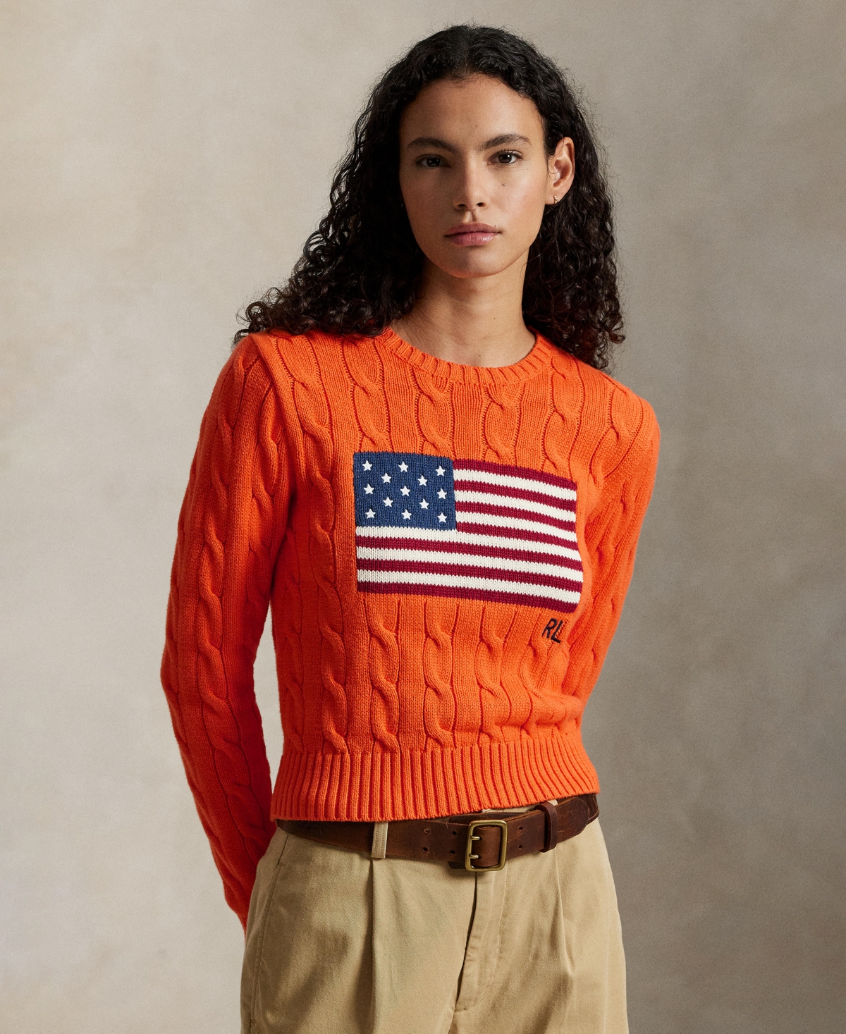 Polo Ralph Lauren Womens Flag Cable-Knit Cropped Sweater - Orange