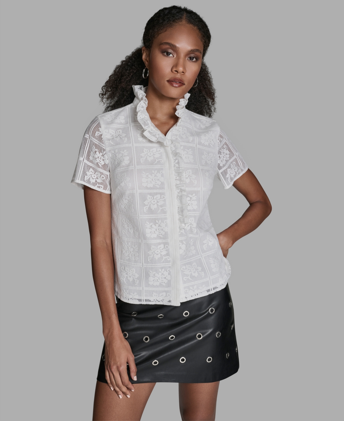 Click here for Bcbg Womens Short-Sleeve Ruffle Front Top - White prices