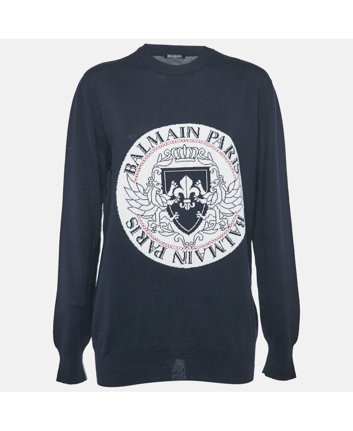 Click here for Pre-Owned Balmain Womens Navy Blue Intarsia Knit C... prices