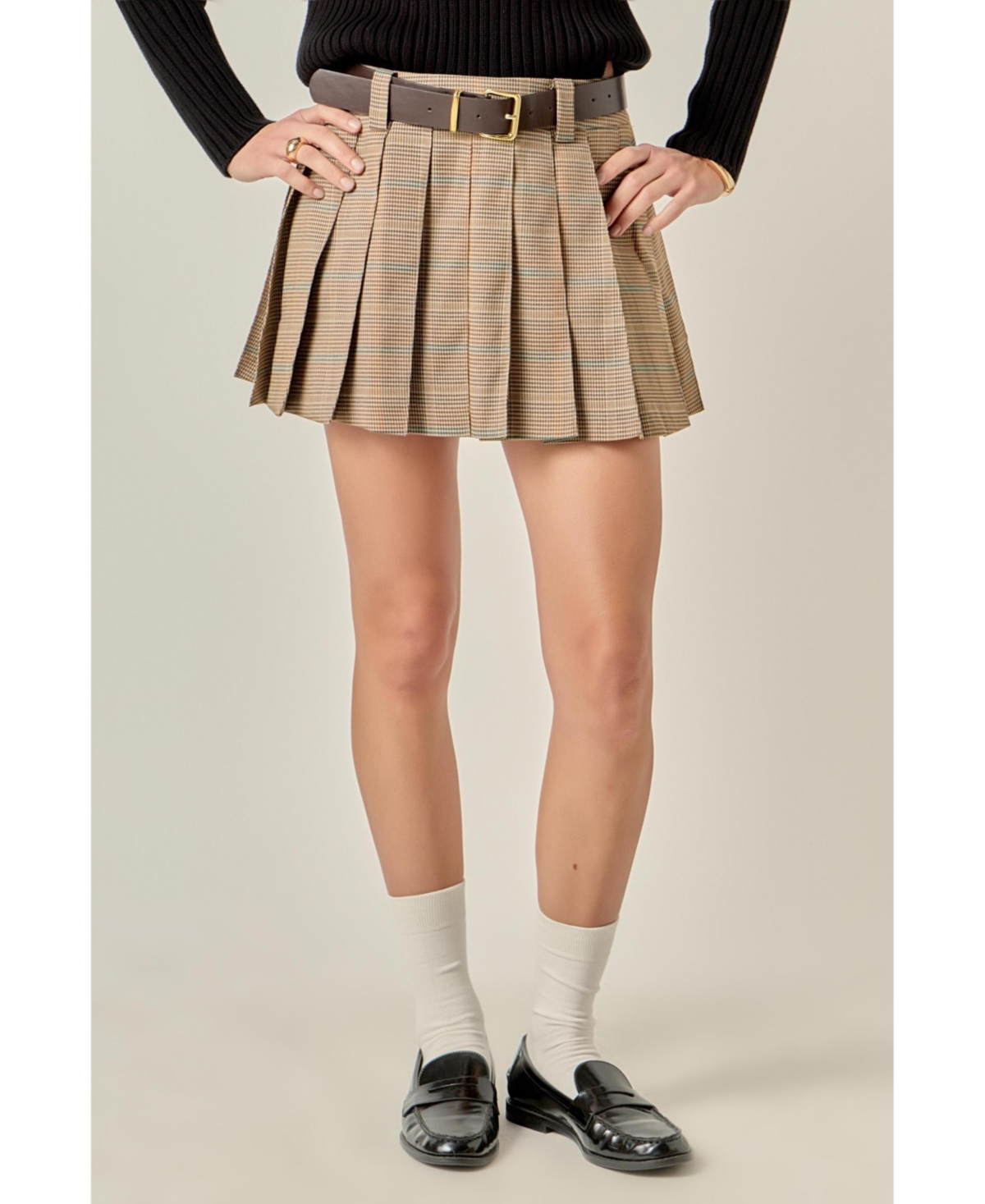 Click here for English Factory Womens Pleated Mini Skirt - Tan mu... prices