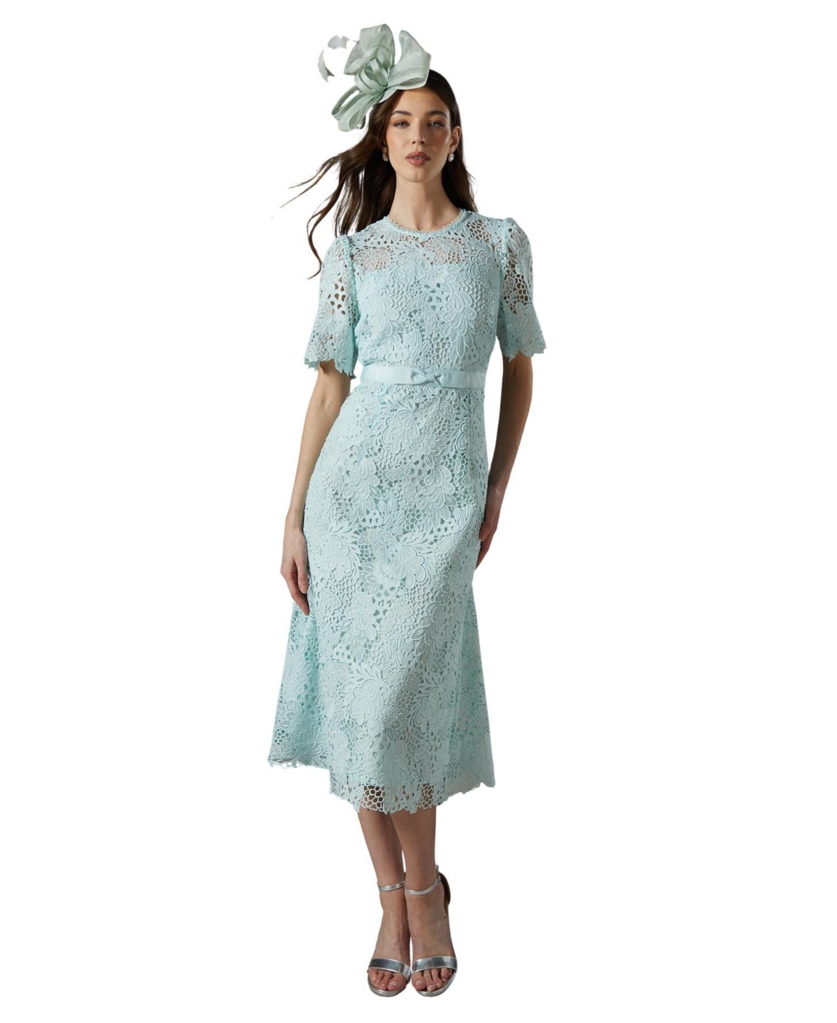 Click here for Coast Womens Lace Bow Belt Midi Dress - Sage prices