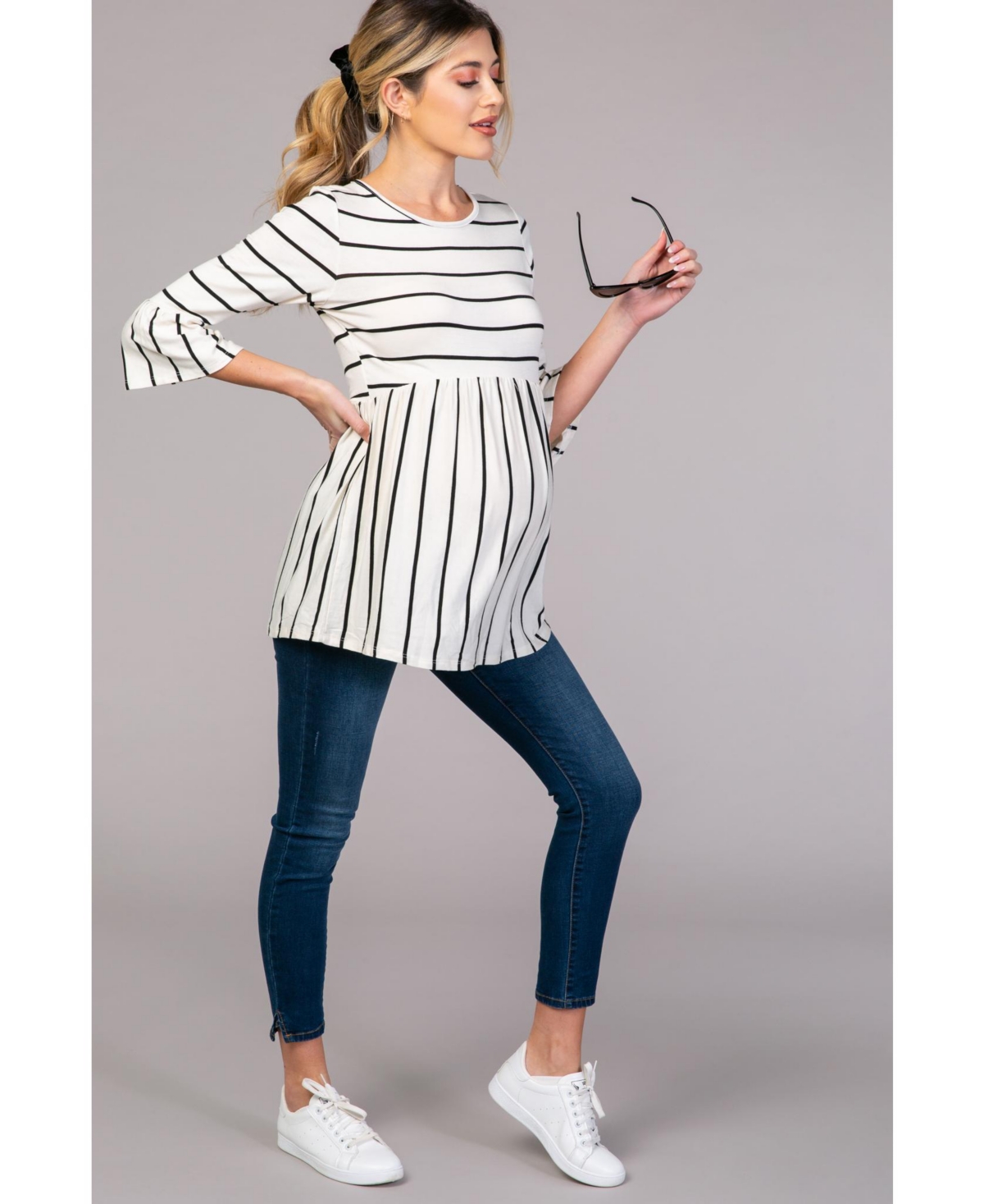 Click here for Pinkblush Maternity Ivory Striped Peplum Ruffle To... prices