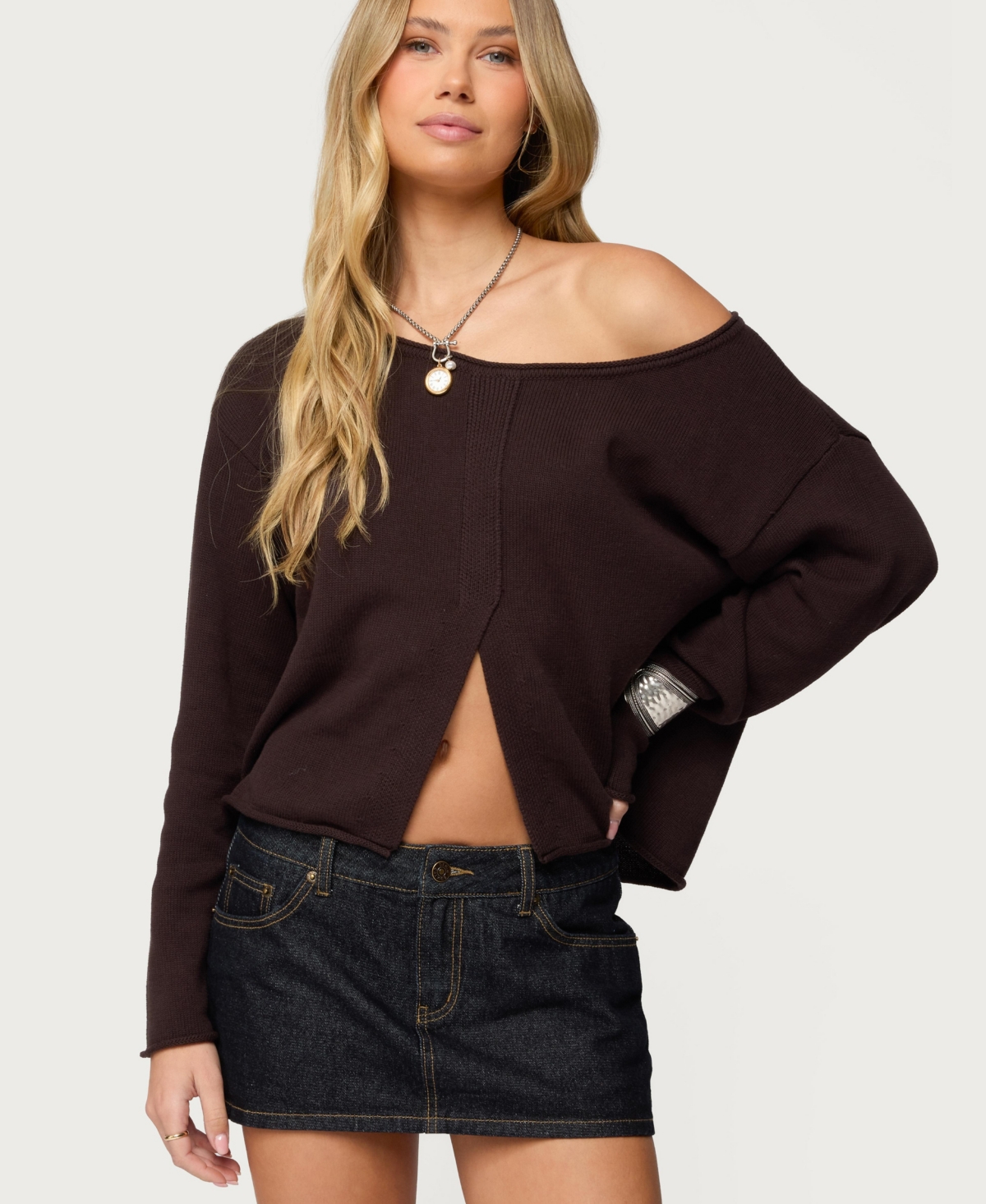 Click here for Edikted Womens Moyra Off Shoulder Knit Top - Brown prices