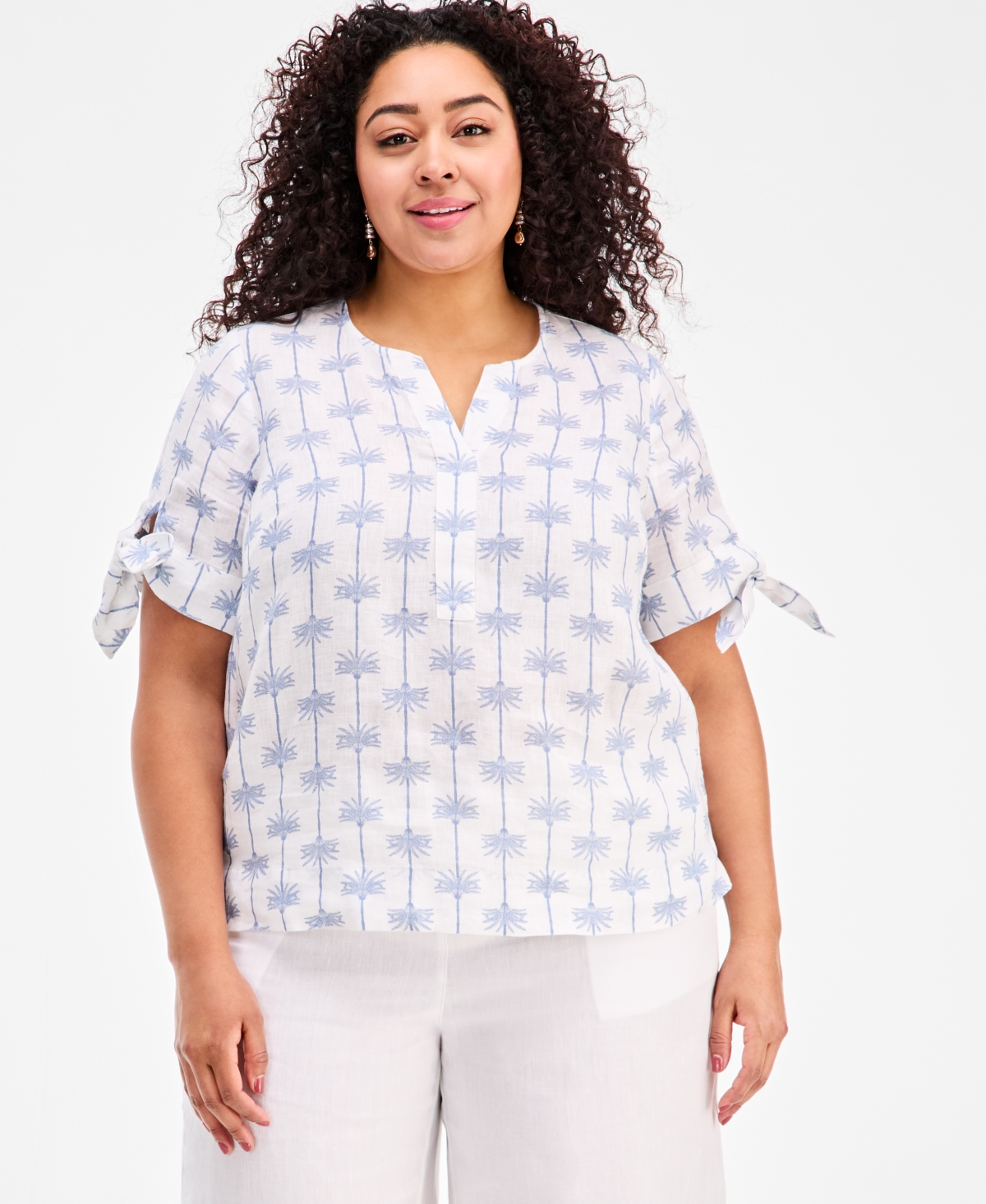 Click here for Charter Club Plus Size Linen Solid Split-Neck Tie-... prices