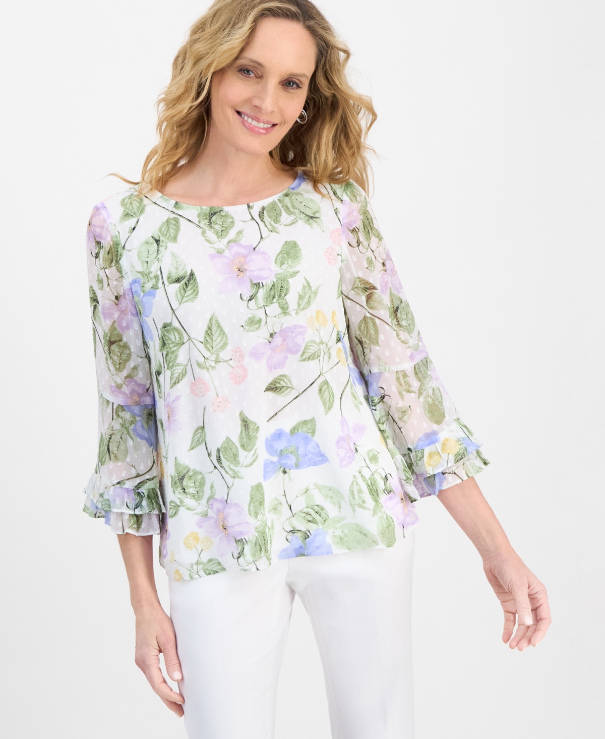 Click here for Clip Dot Flroal Print Ruffle Sleeve Blouse - Lily... prices
