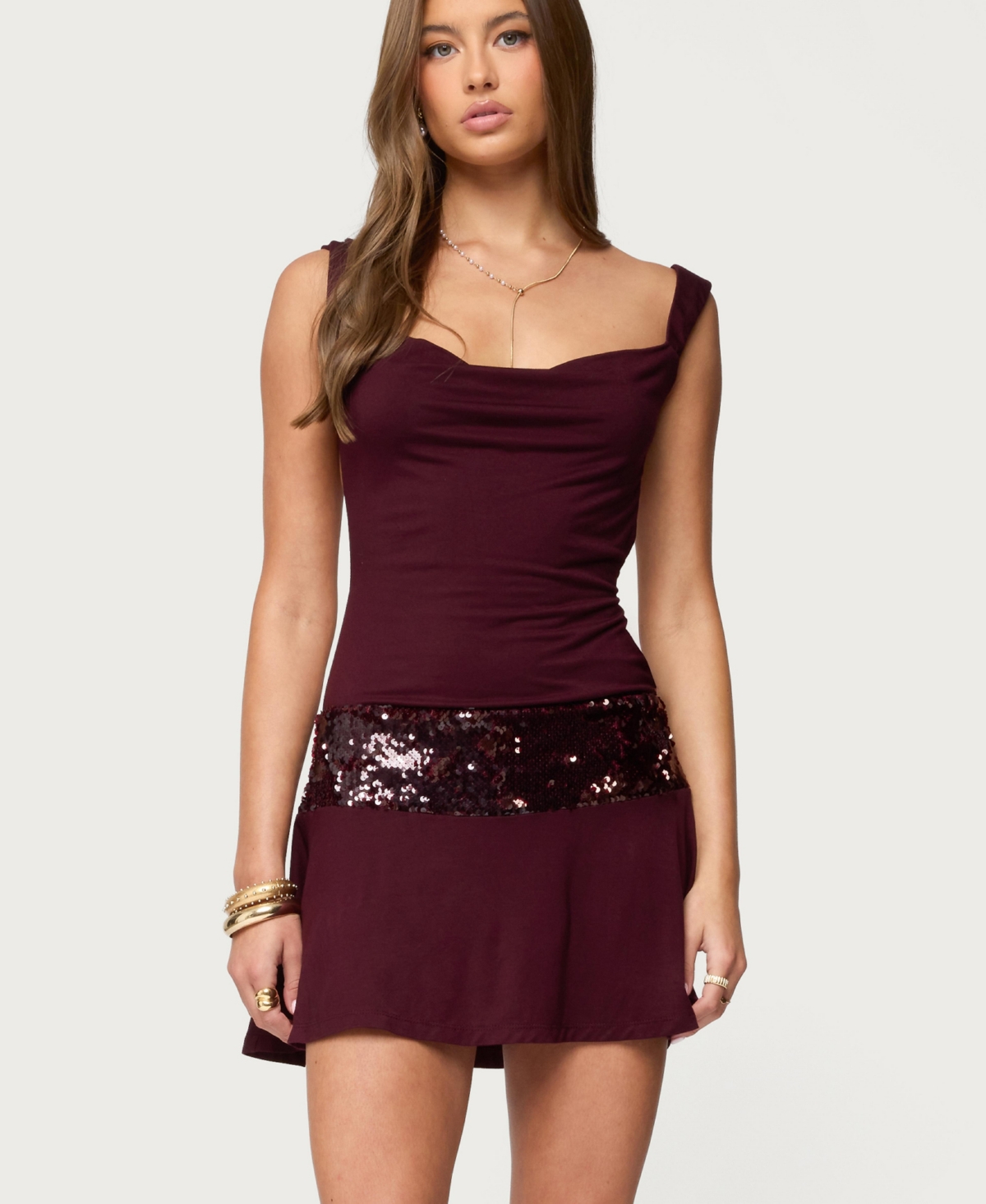 Click here for Edikted Womens Sequin Backless Cowl Neck Mini Dres... prices