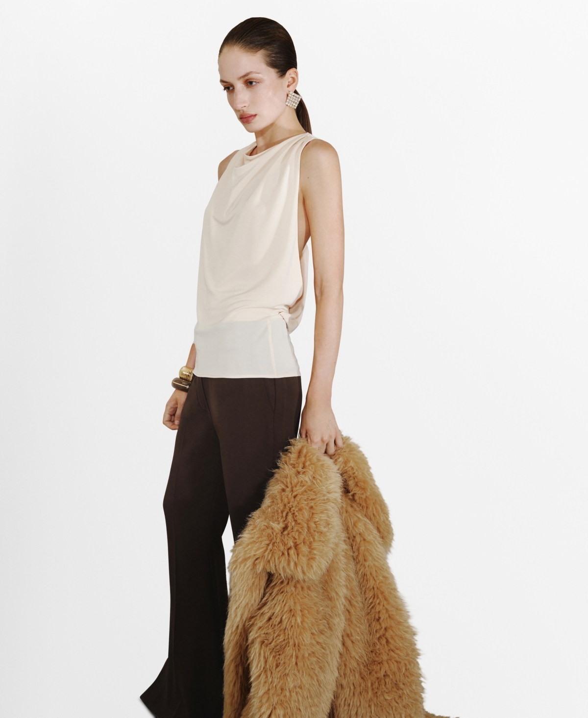 Click here for Mango Womens Metallic Detail Draped Top - Ecru prices