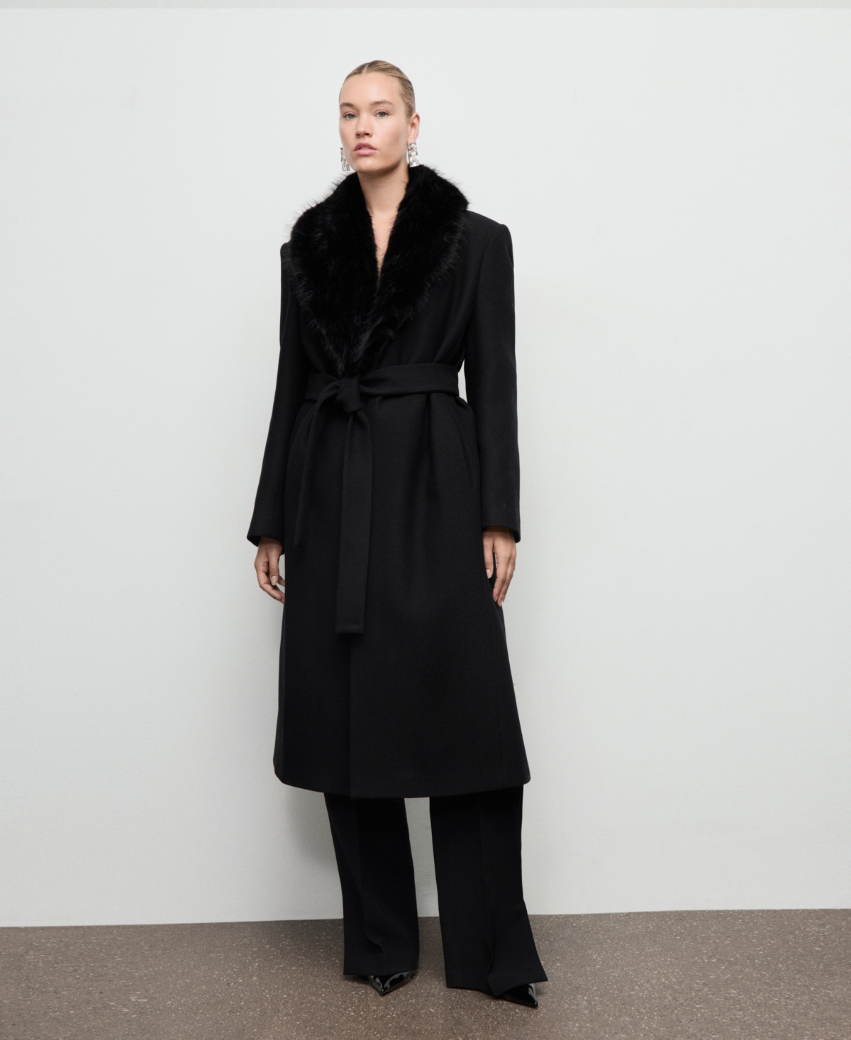 Click here for Mango Womens Fur Collar Manteco Wool Coat - Black prices