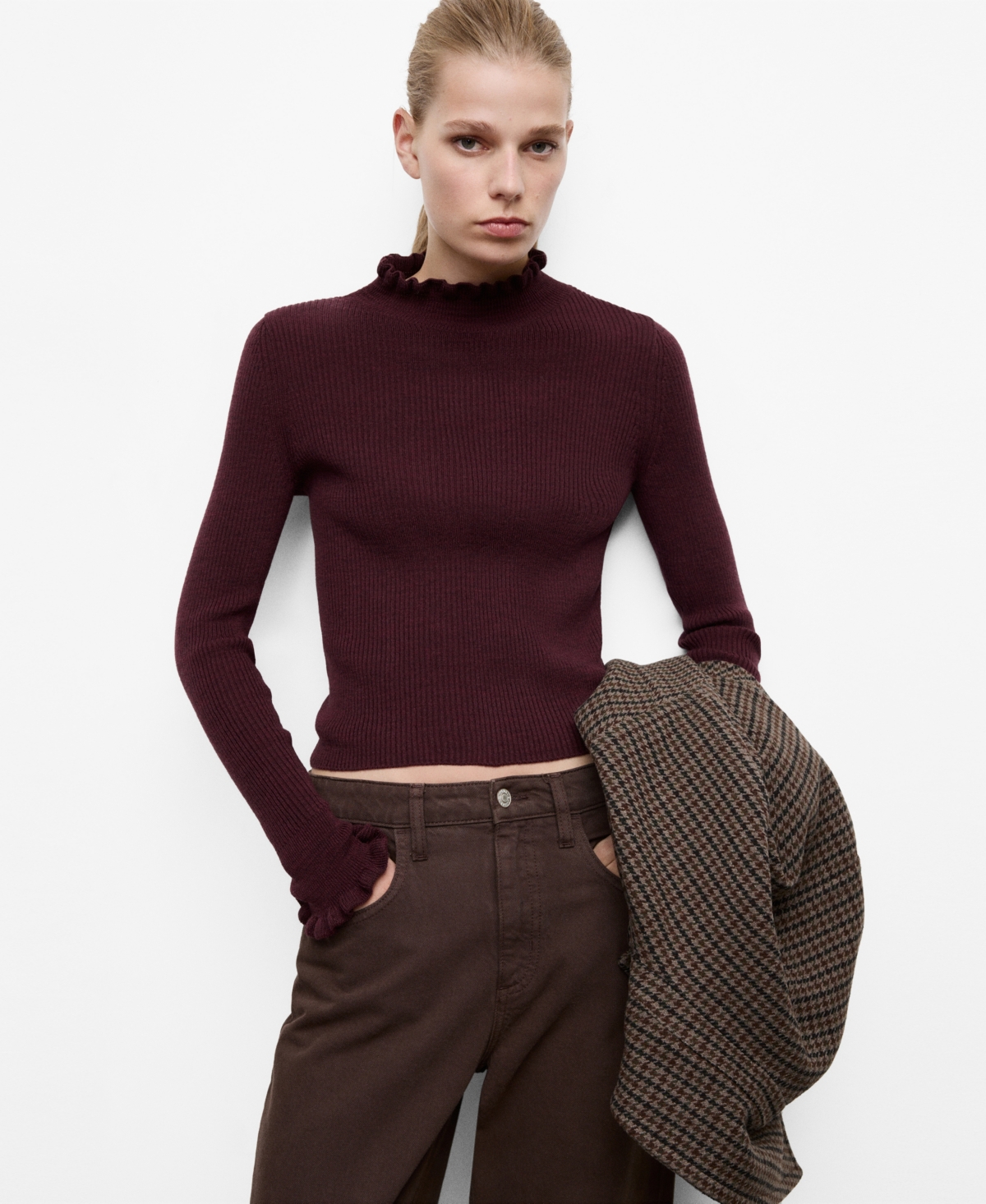 Click here for Mango Womens Scalloped Edges Ribbed Sweater - Wine prices