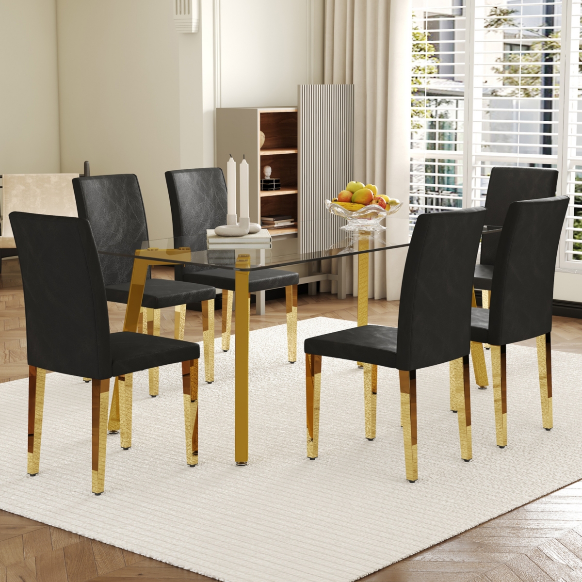 Click here for Streamdale Glass Top Dining Set Table & 6 Black Pu... prices