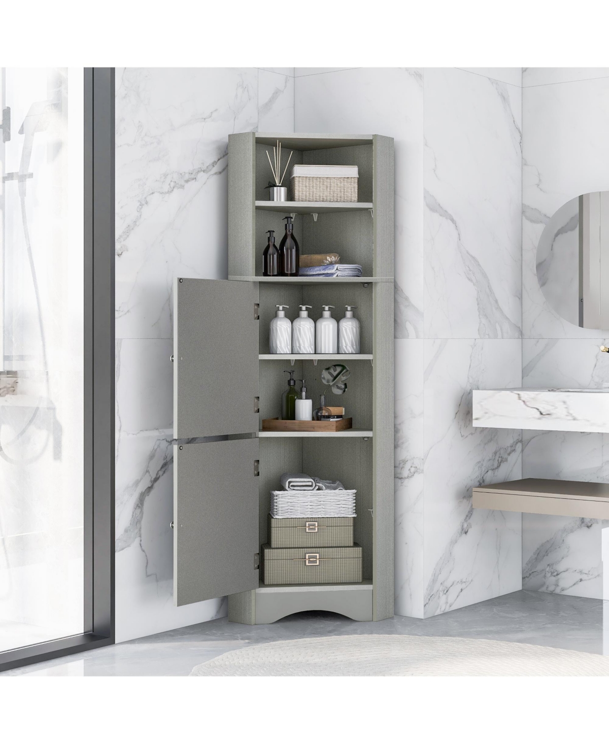 Click here for Lovmor Gray Corner Cabinet with Brushed Finish and... prices