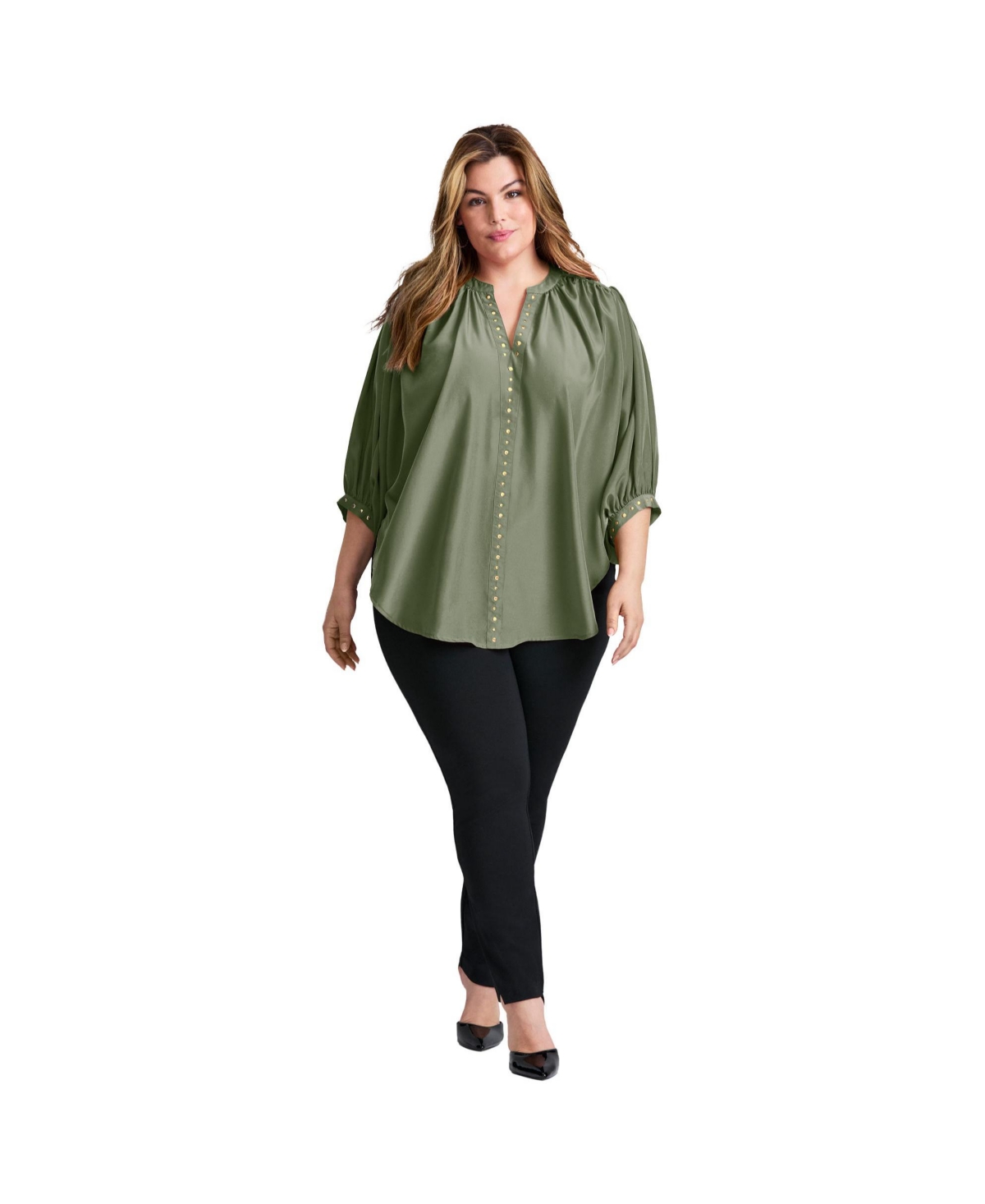 Click here for Avenue Womens Plus Size Studded Blouson Sleeve Blo... prices