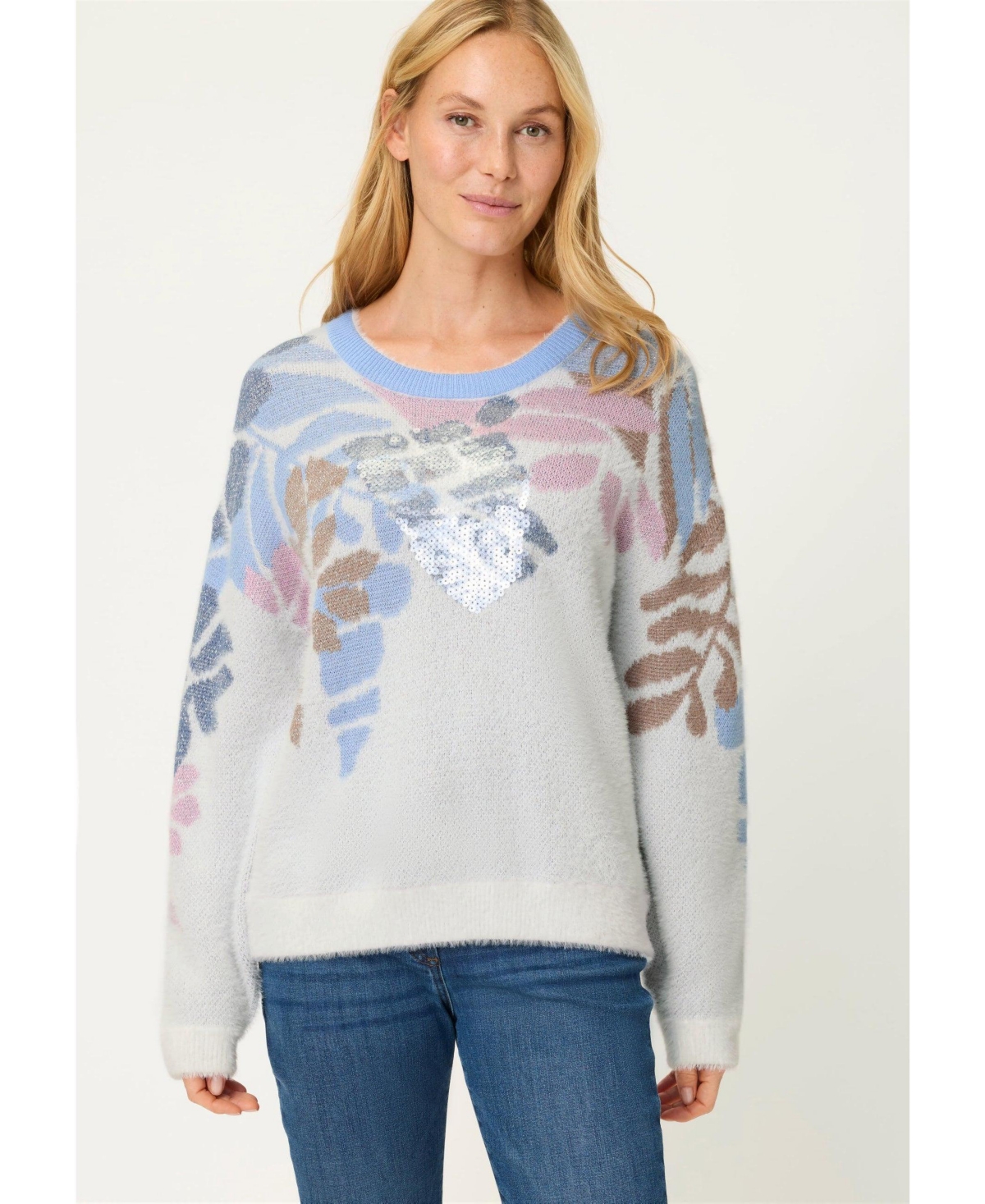 Click here for Olsen Womens Floral Plush Sweater - Off white prices