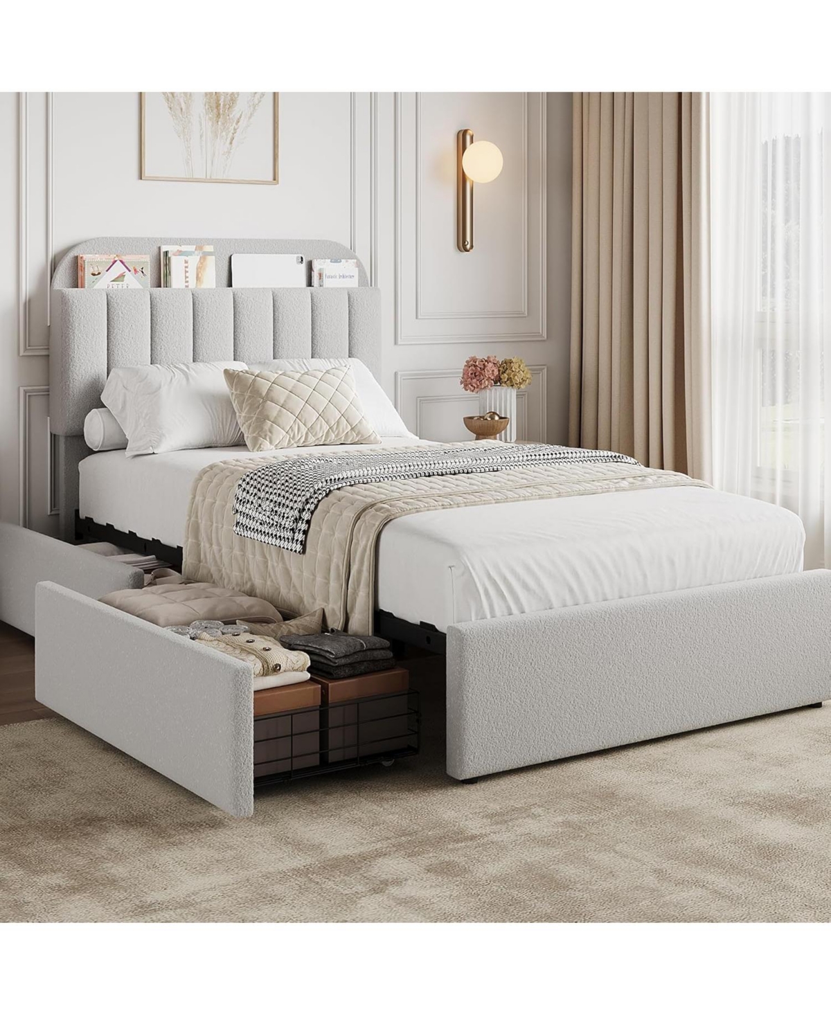 Click here for gaomon Boucle Storage Bed with Built-In Bookcase... prices
