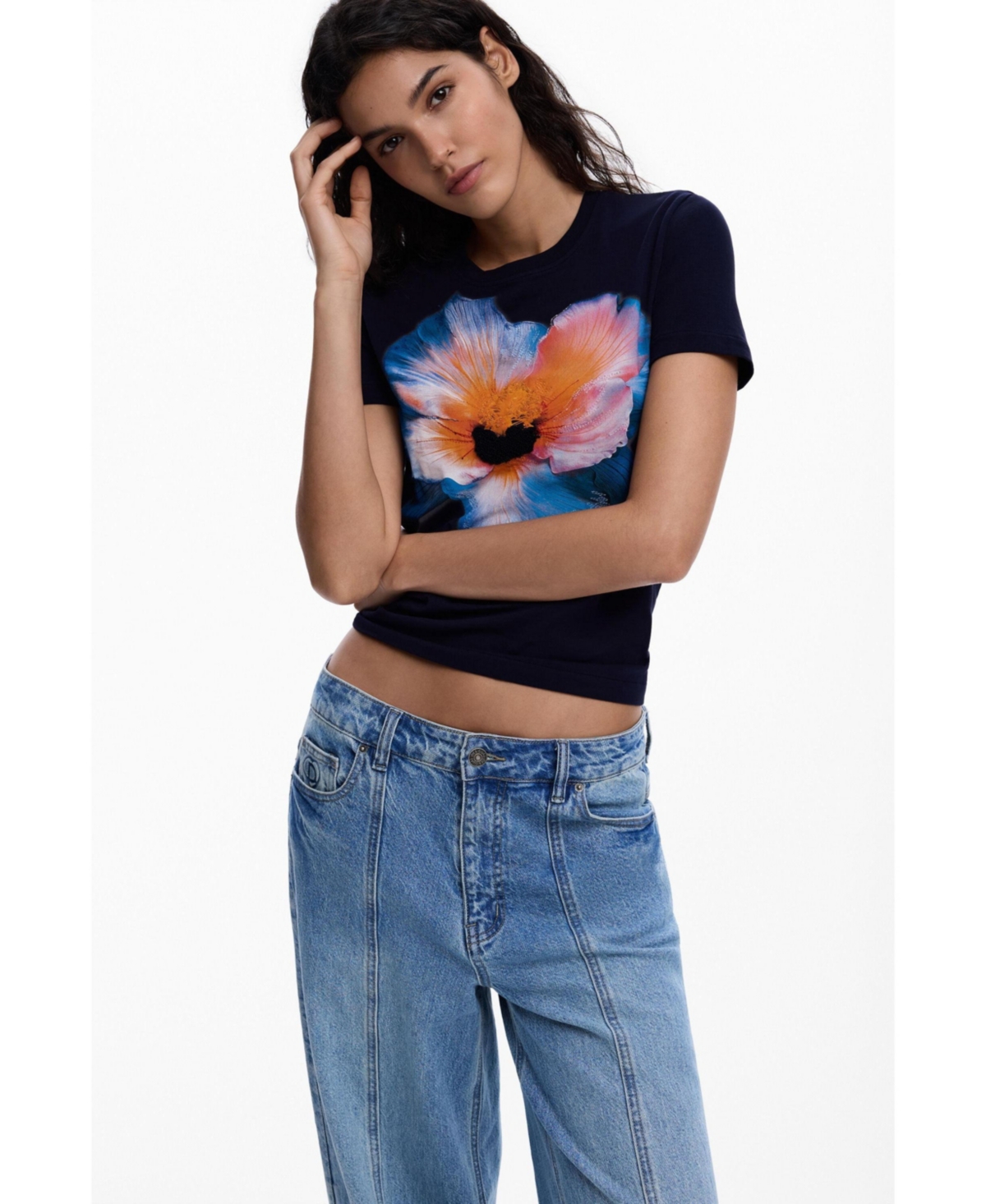 Click here for Desigual Womens Large flower T-shirt - Navy blue prices