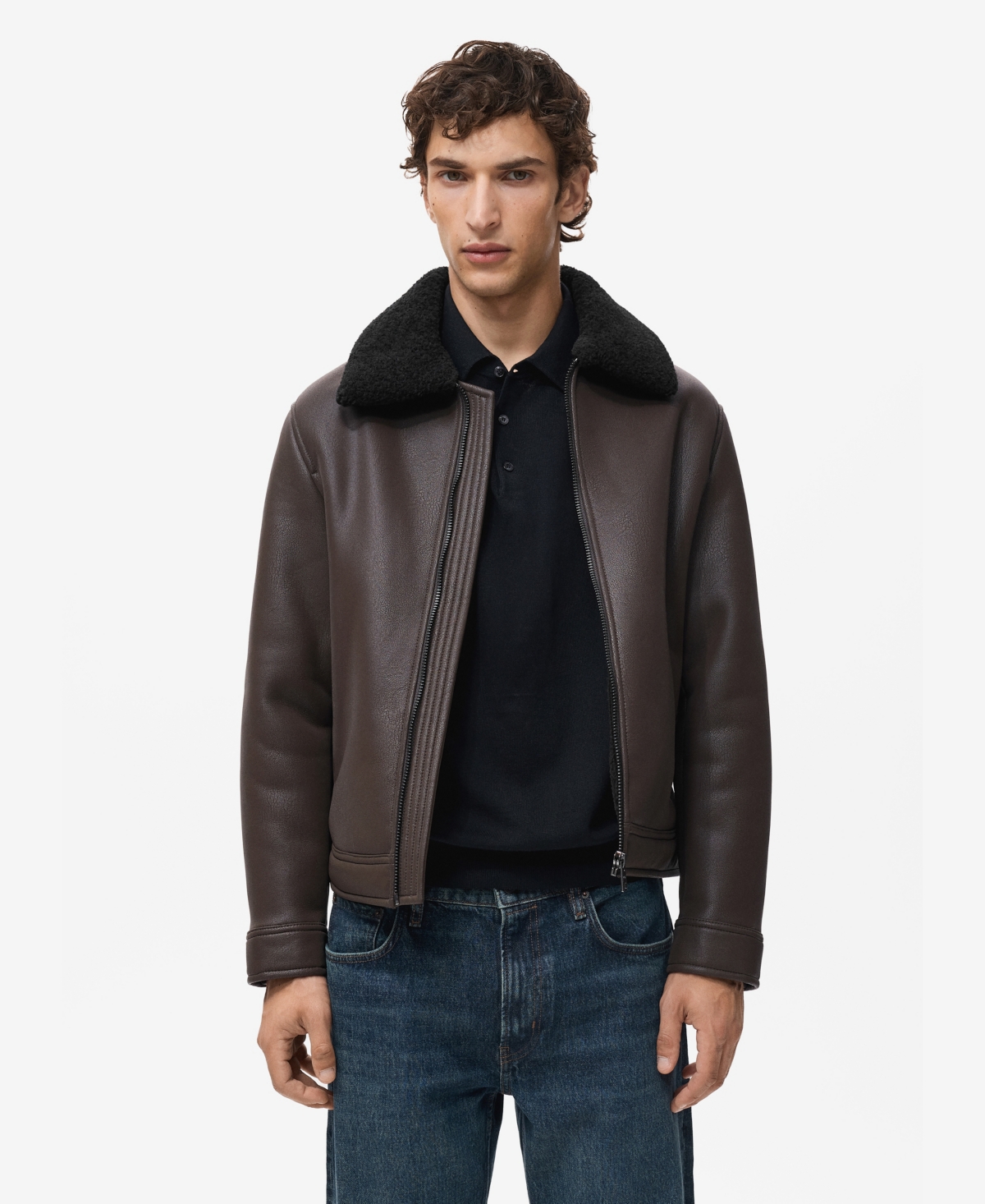 Click here for Mango Mens Sheepskin Lined Faux-Leather Jacket - B... prices
