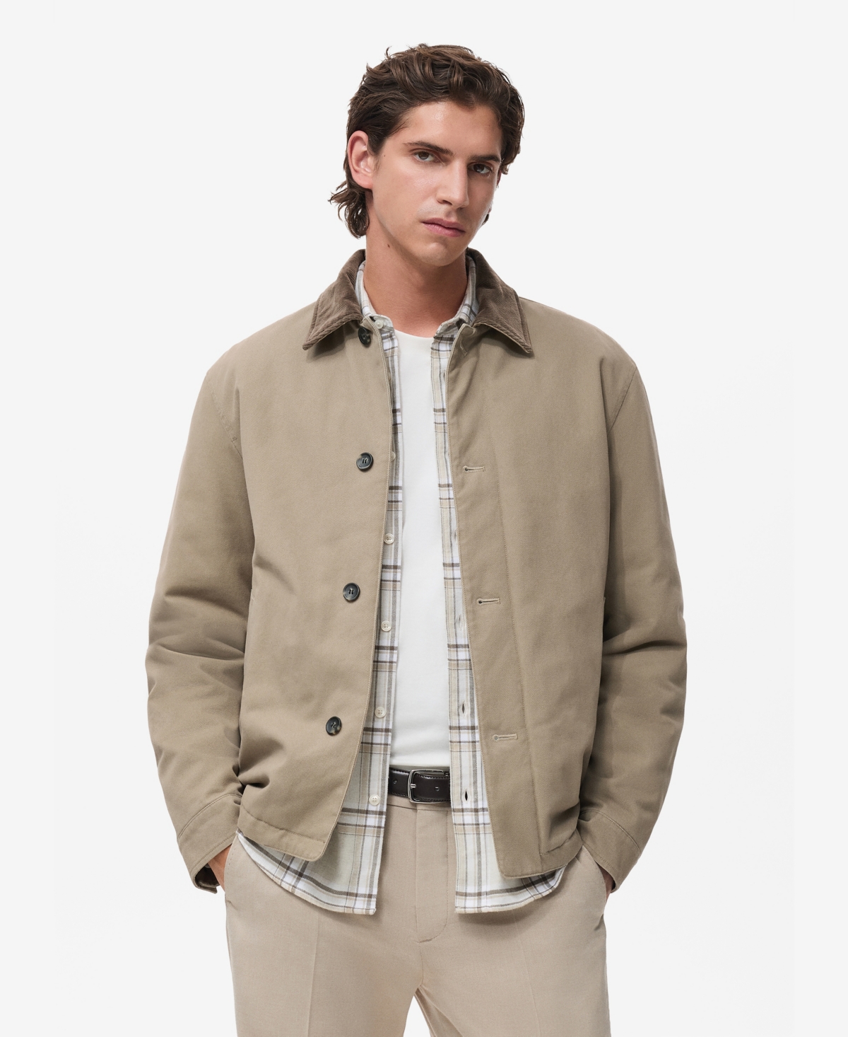 Click here for Mango Mens Corduroy Collar Quilted Jacket - Beige prices