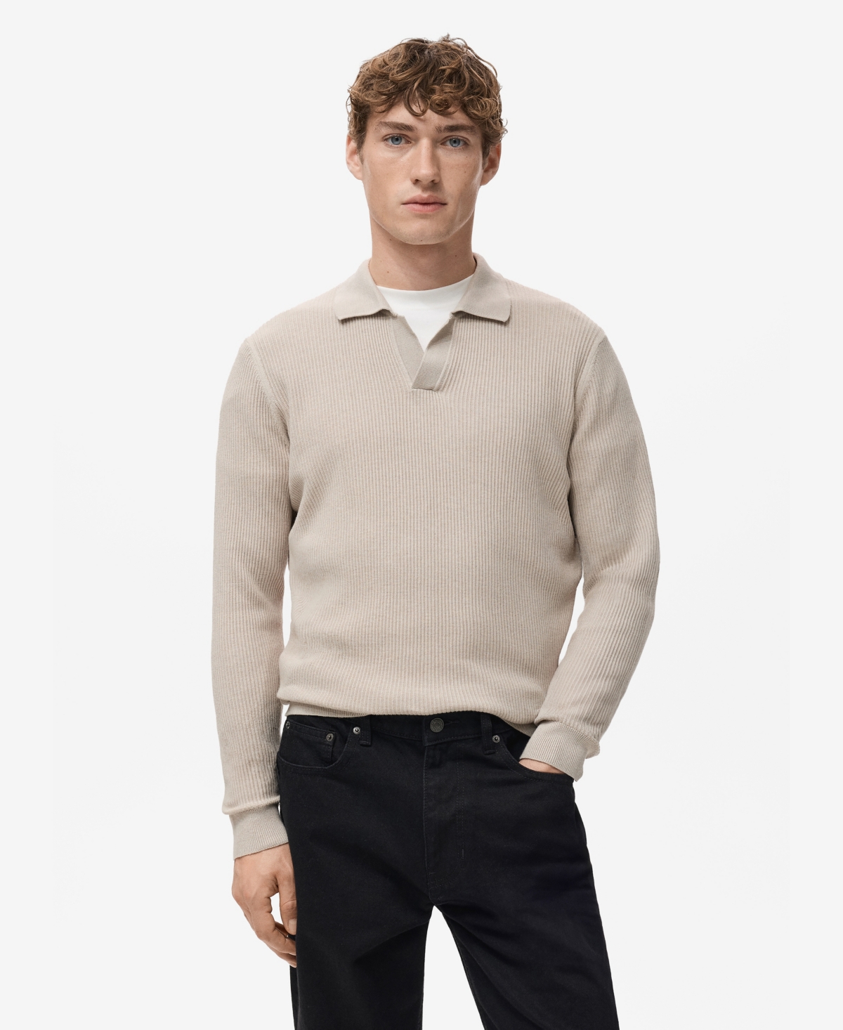 Click here for Mango Mens Cotton-Blend Ribbed Polo Sweater - Beig... prices