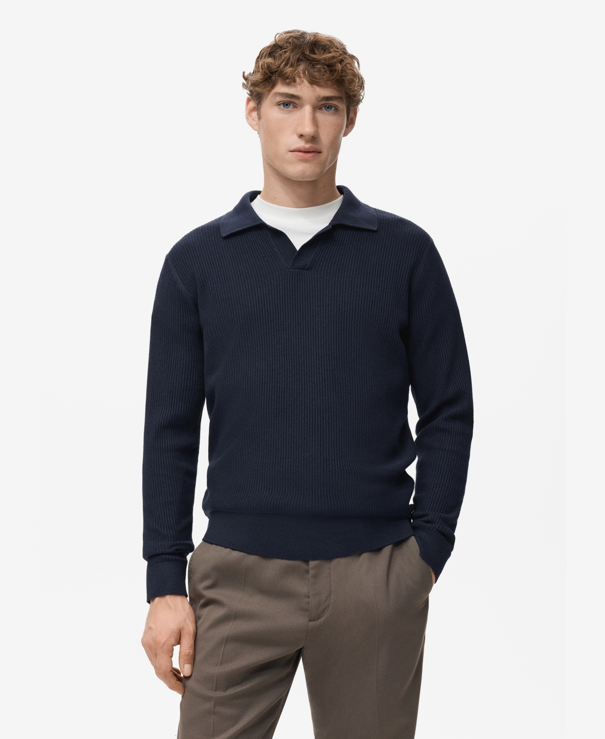 Click here for Mango Mens Cotton-Blend Ribbed Polo Sweater - Navy prices