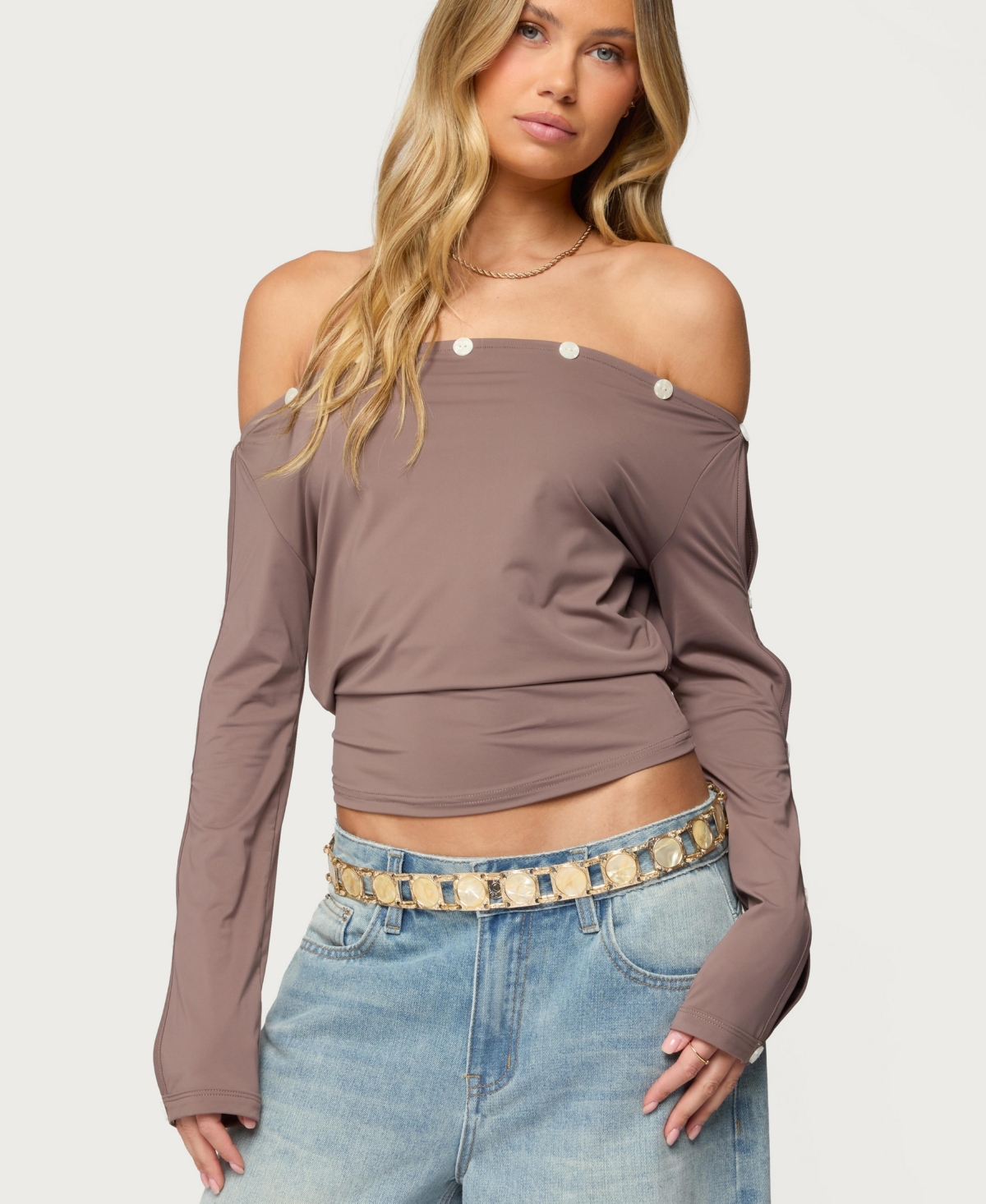 Click here for Edikted Womens Ronee Off Shoulder Button Cutout To... prices