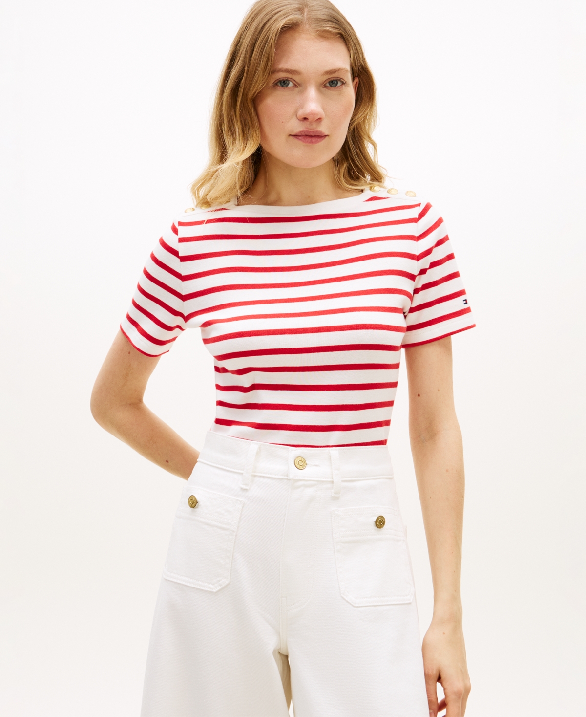 Click here for Tommy Hilfiger Womens Stripe Boxy T-Shirt - Red prices