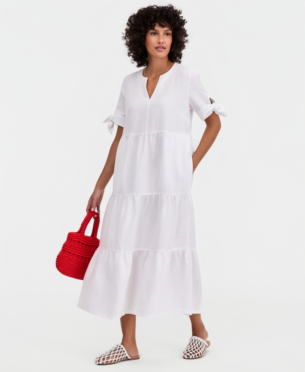 Click here for Charter Club Womens 100 Linen Tie-Sleeve Tiered Mi... prices