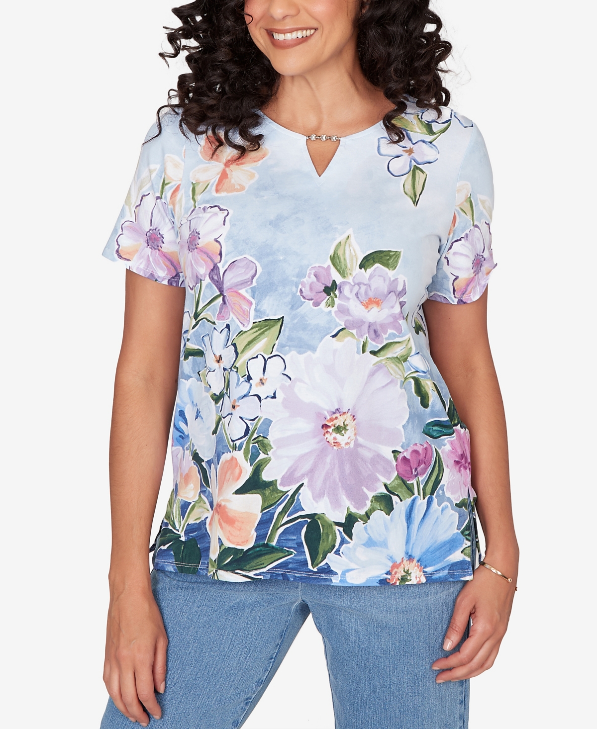 Click here for Alfred Dunner Petite Artisan Floral Split Neck Top... prices
