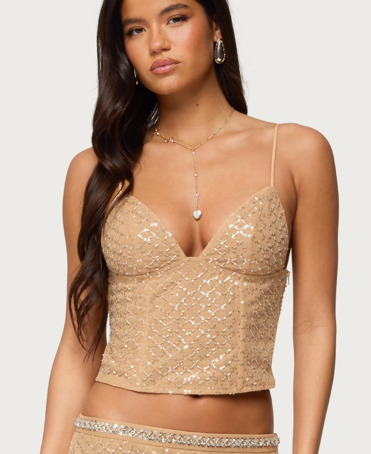Click here for Edikted Womens Jenny Beaded Mesh Boned Top - Nude prices