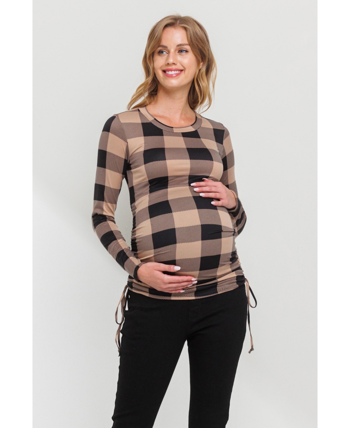 Click here for Hello Miz Maternity Plaid Side Ruched Long Sleeve... prices