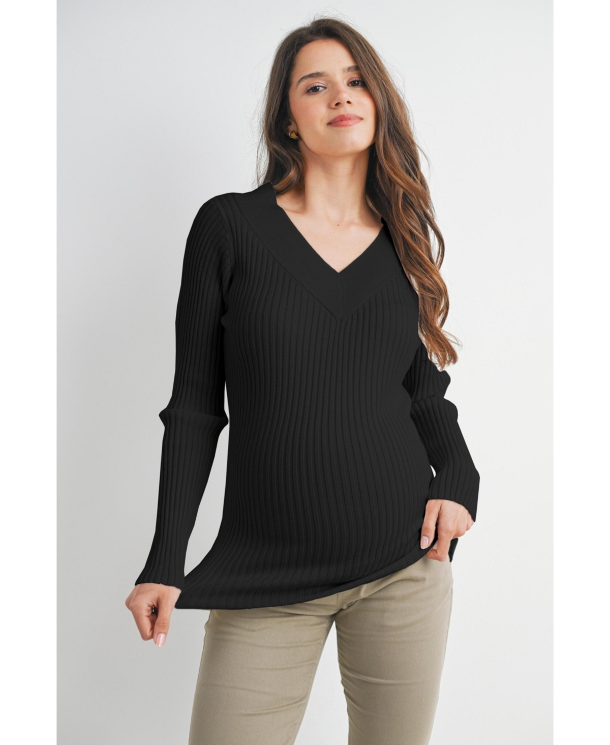 Click here for Hello Miz Maternity Ribbed Knit V Neck Long Sleeve... prices