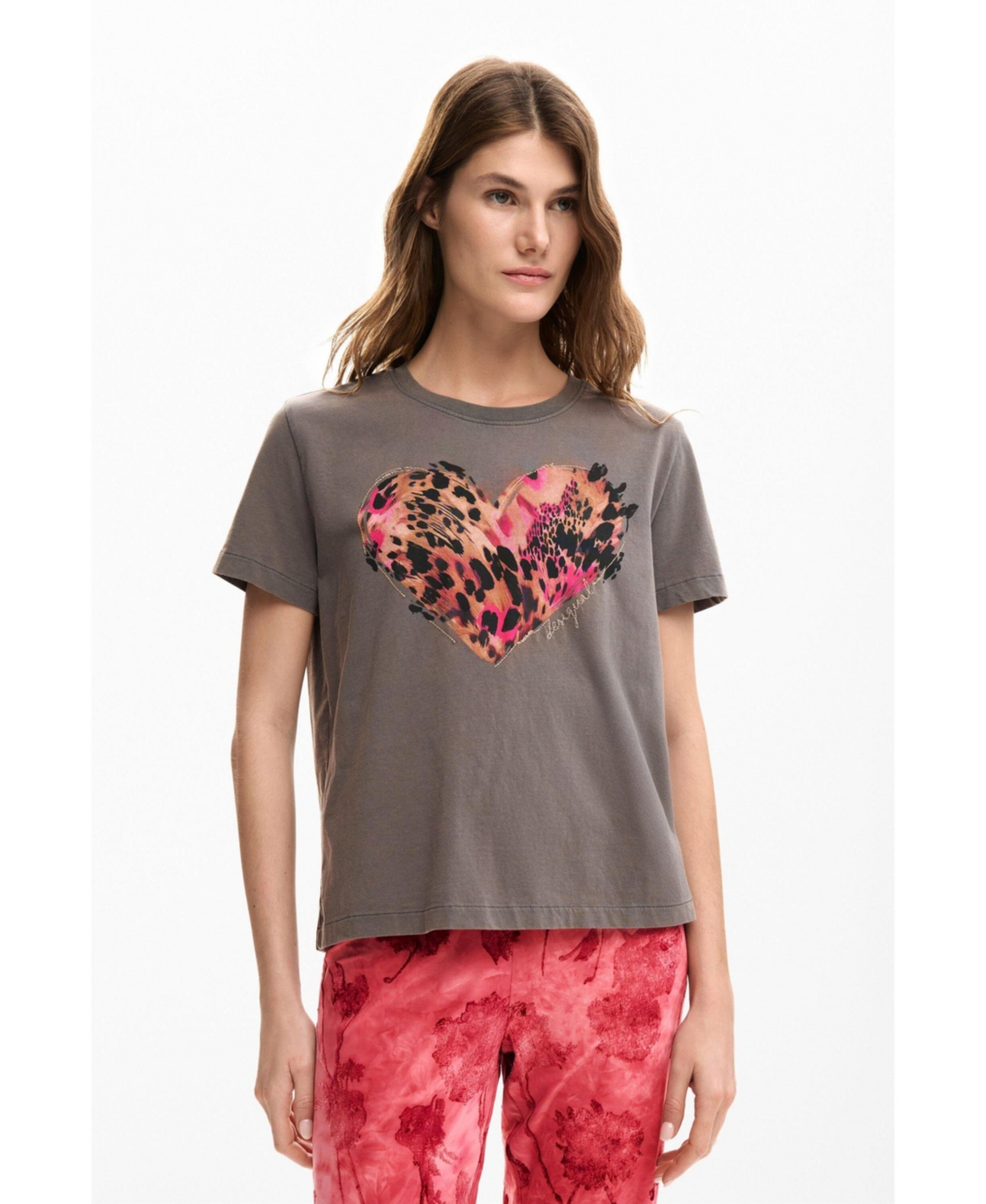 Click here for Desigual Womens Tiger heart T-shirt - Neutral gray prices