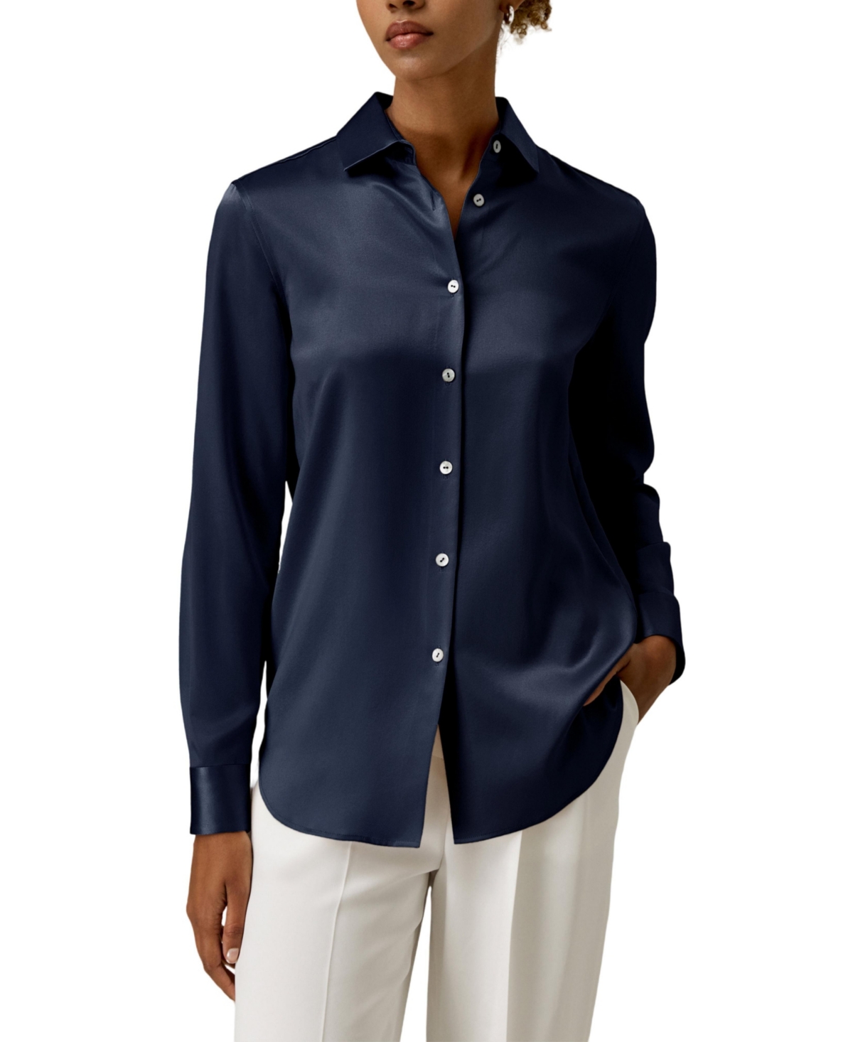 Click here for Spread Collar Silk Shirt for Women - Navy blue prices
