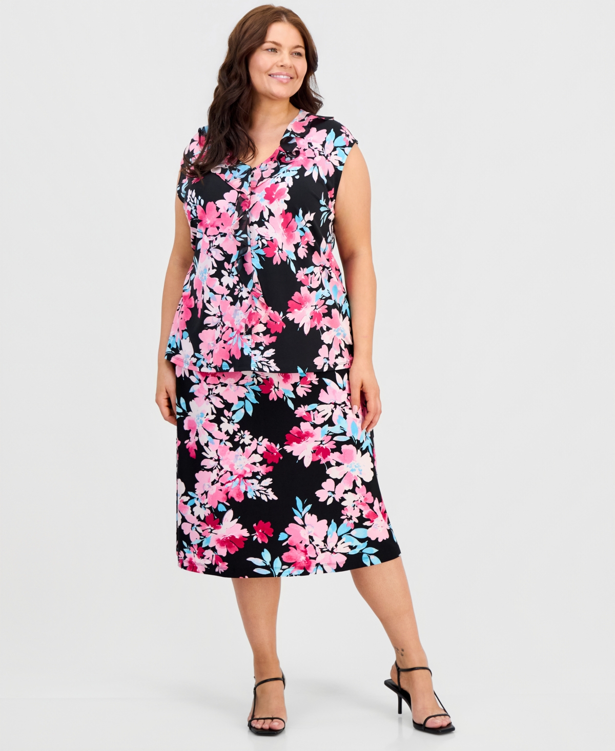 Click here for Kasper Plus Size Pull-On Floral Midi Skirt - Black... prices