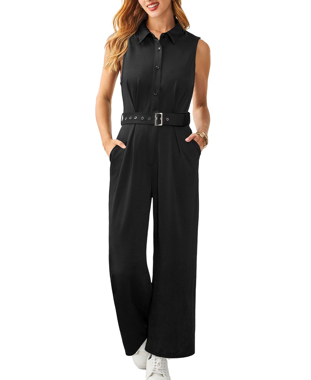 Click here for Cupshe Womens Elegant Belted V-Neck Jumpsuit - Bla... prices