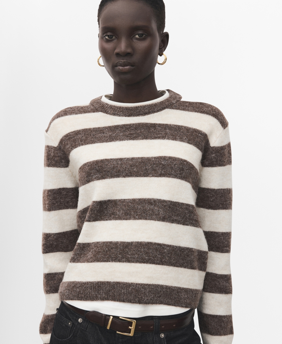 Click here for Mango Womens Knit Striped Sweater - Brown prices