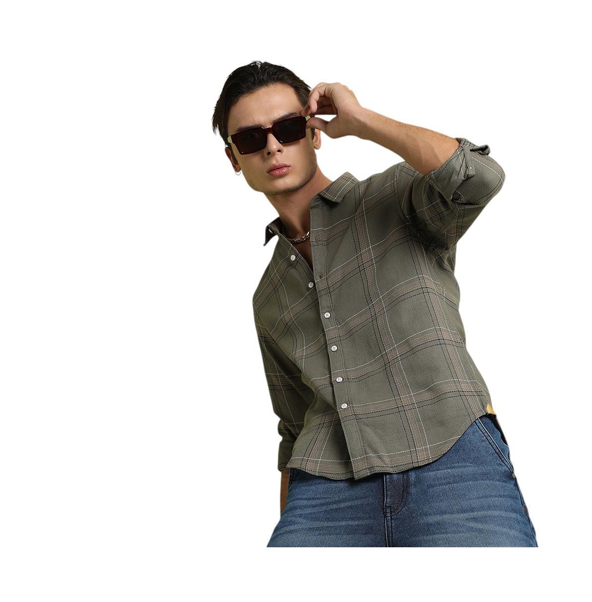 Click here for Campus Sutra Mens Olive Green Maxi Tartan Plaid Sh... prices