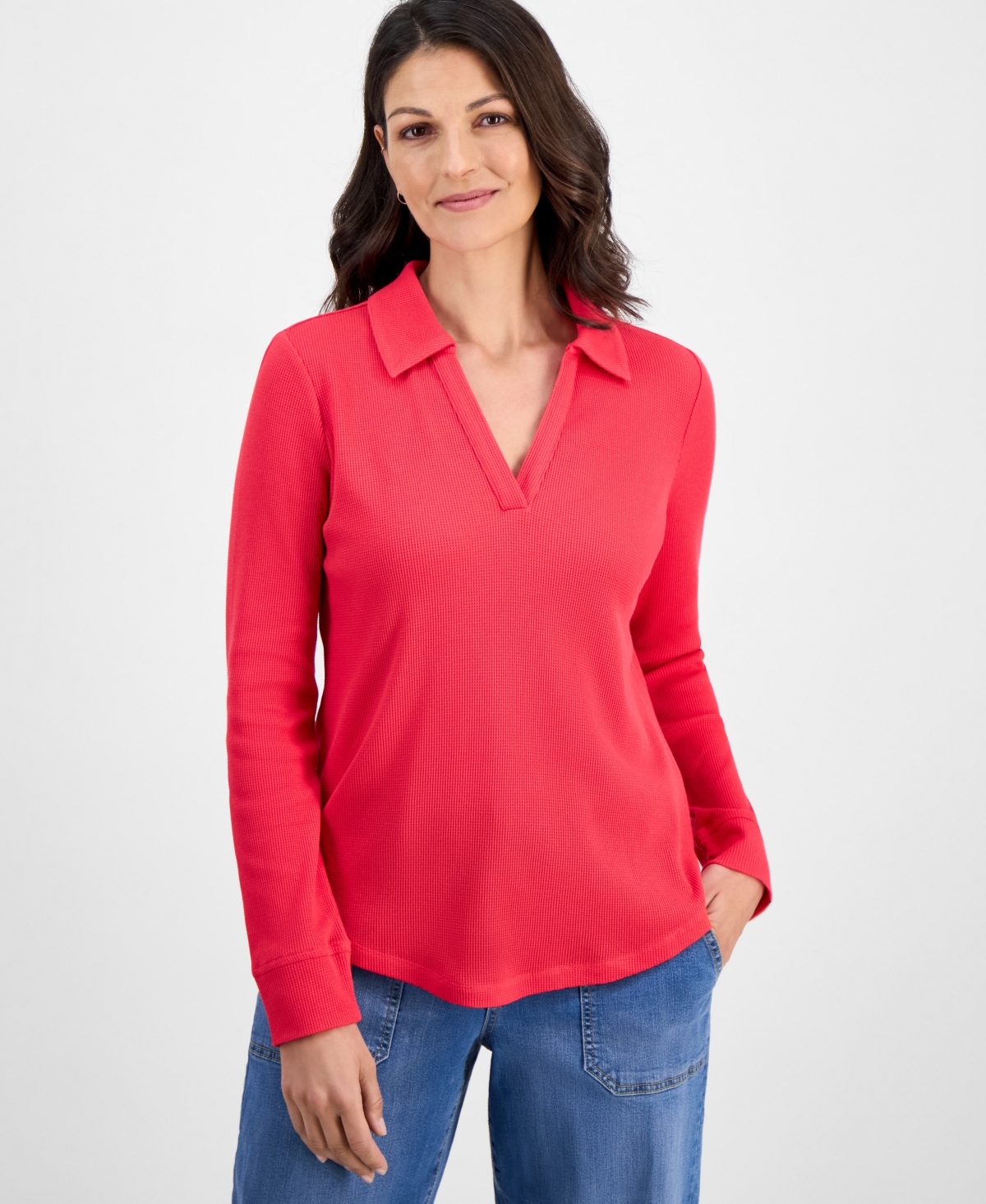 Click here for Style & Co Womens Waffle-Knit Collared Top  Macys... prices