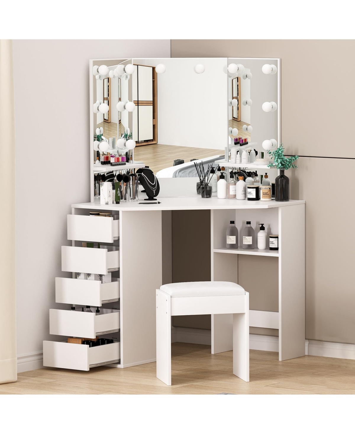 Click here for gaomon Corner Vanity and Stool  Corner Vanity Desk... prices