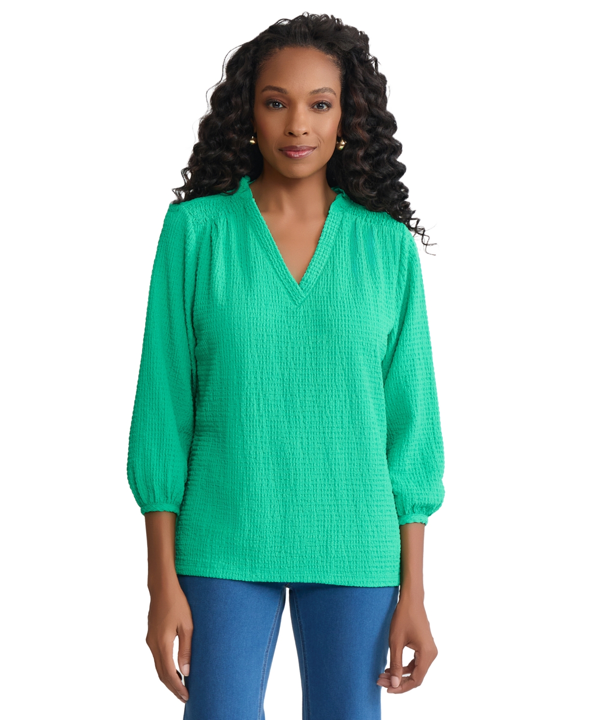 Click here for Jones New York Petite V-Neck Smocked Shoulder Top... prices