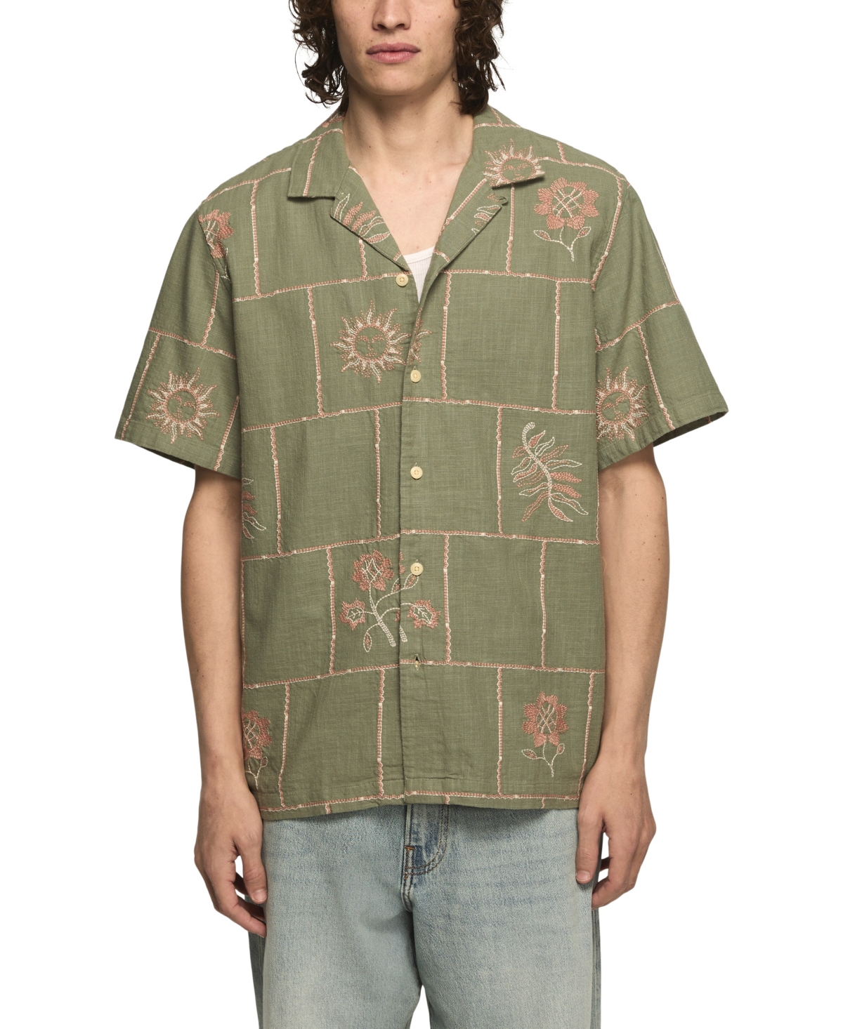 Click here for Lucky Brand Mens Novelty Camp Collar Shirt - Olive... prices