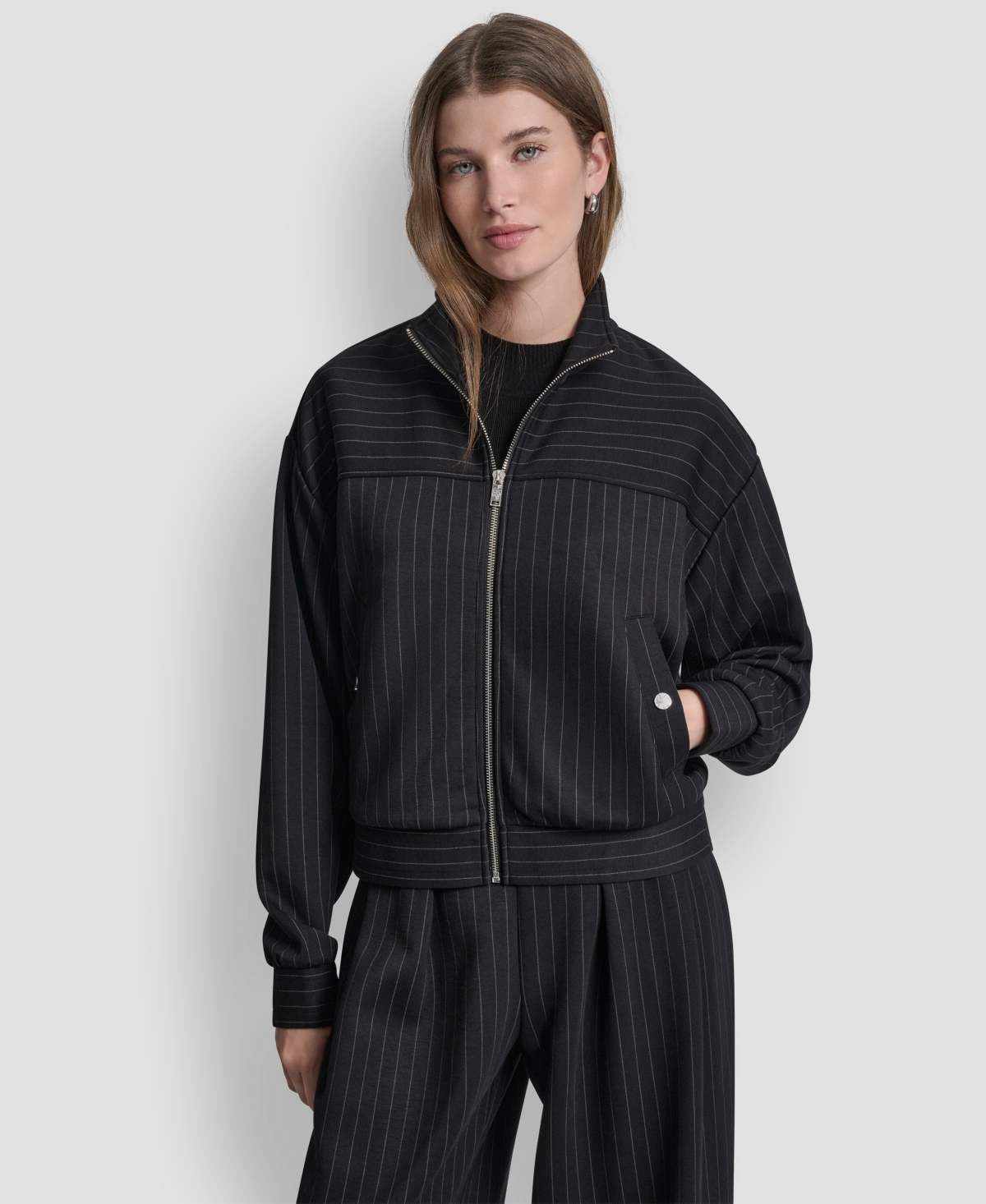 Click here for Dkny Womens Full-Zip Pinstripe Track Jacket - Blac... prices