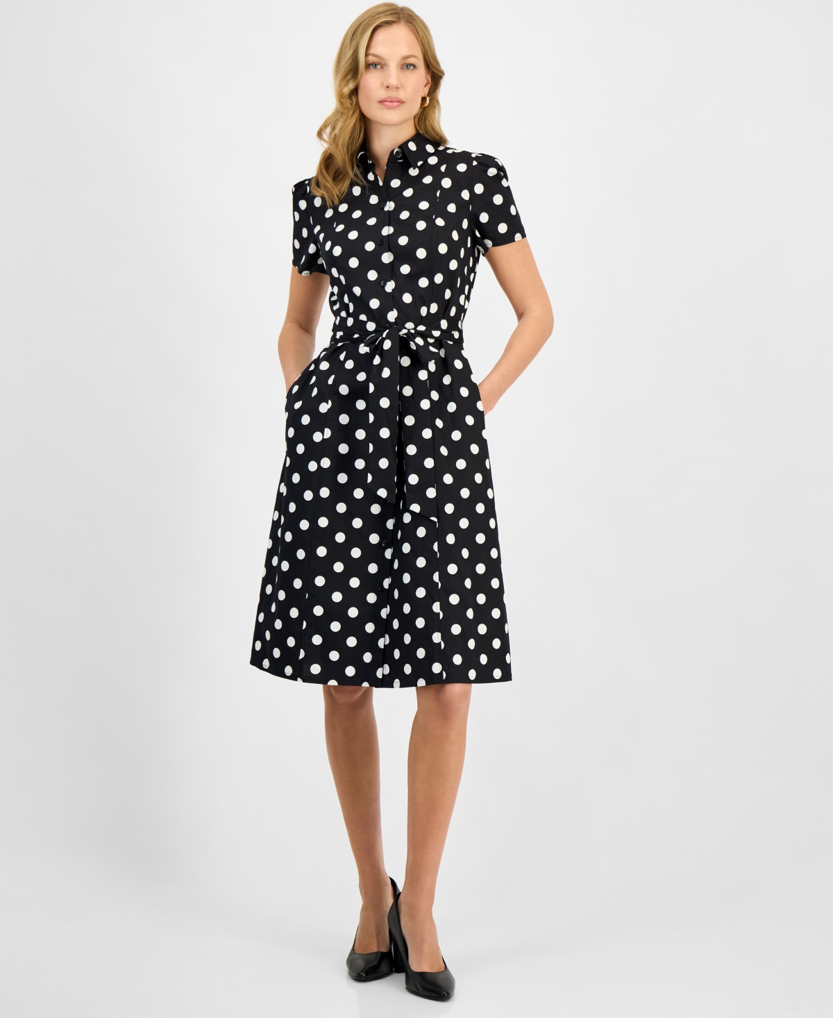 Click here for Kasper Womens Dot Print Collared Shirtdress - Blac... prices